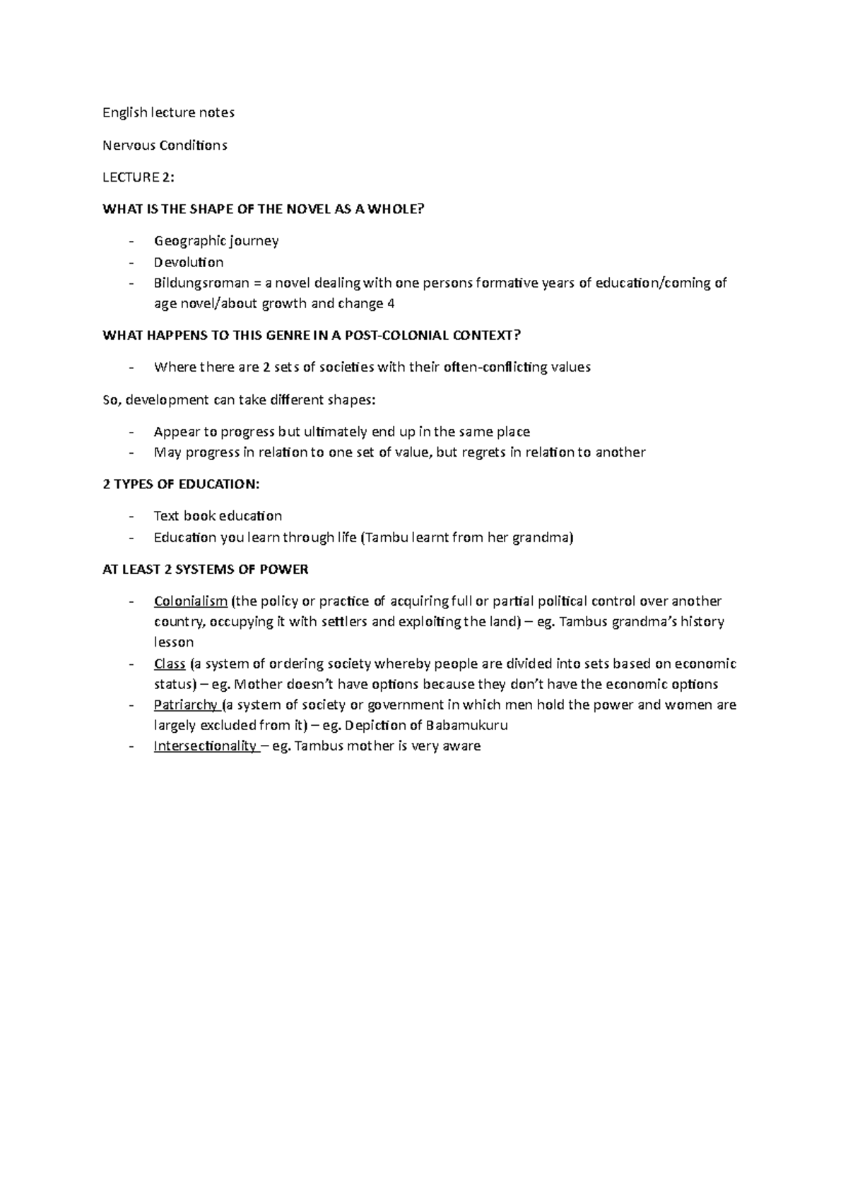 English lecture notes on nervous conditions - English lecture notes ...