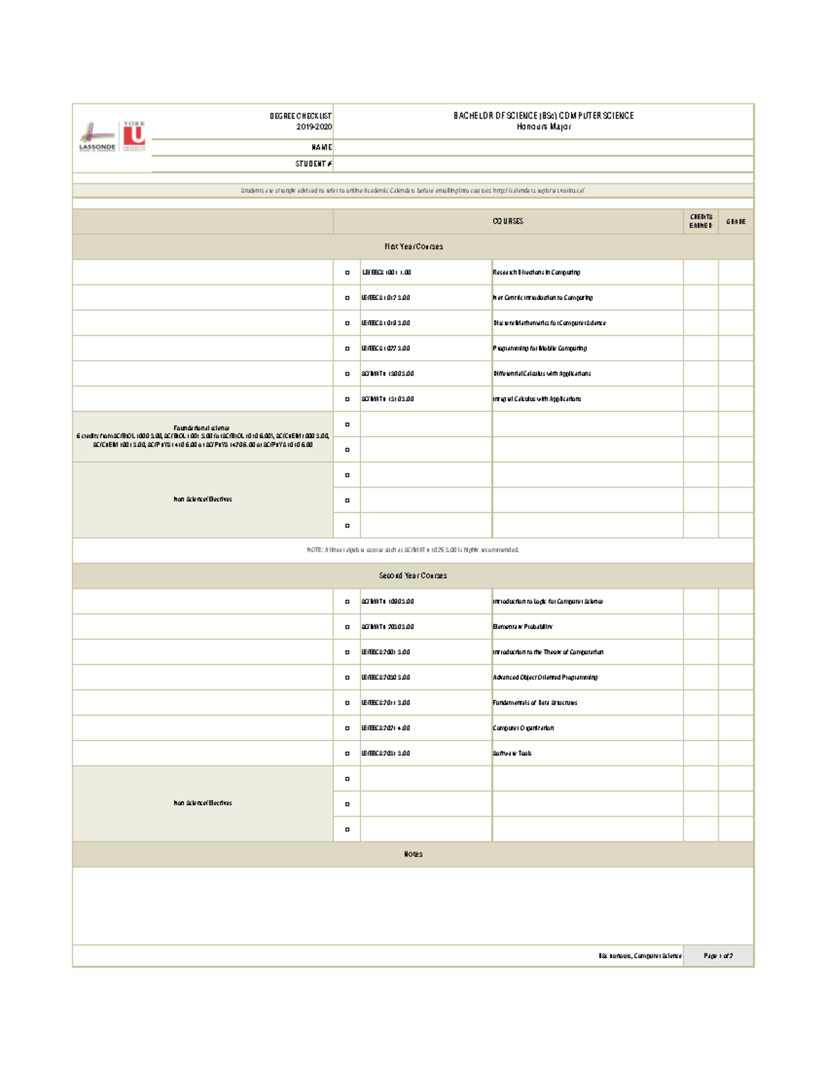 CS Checklist - DEGREE CHECKLIST 2019 - 2020 NAME STUDENT CREDITS EARNED ...