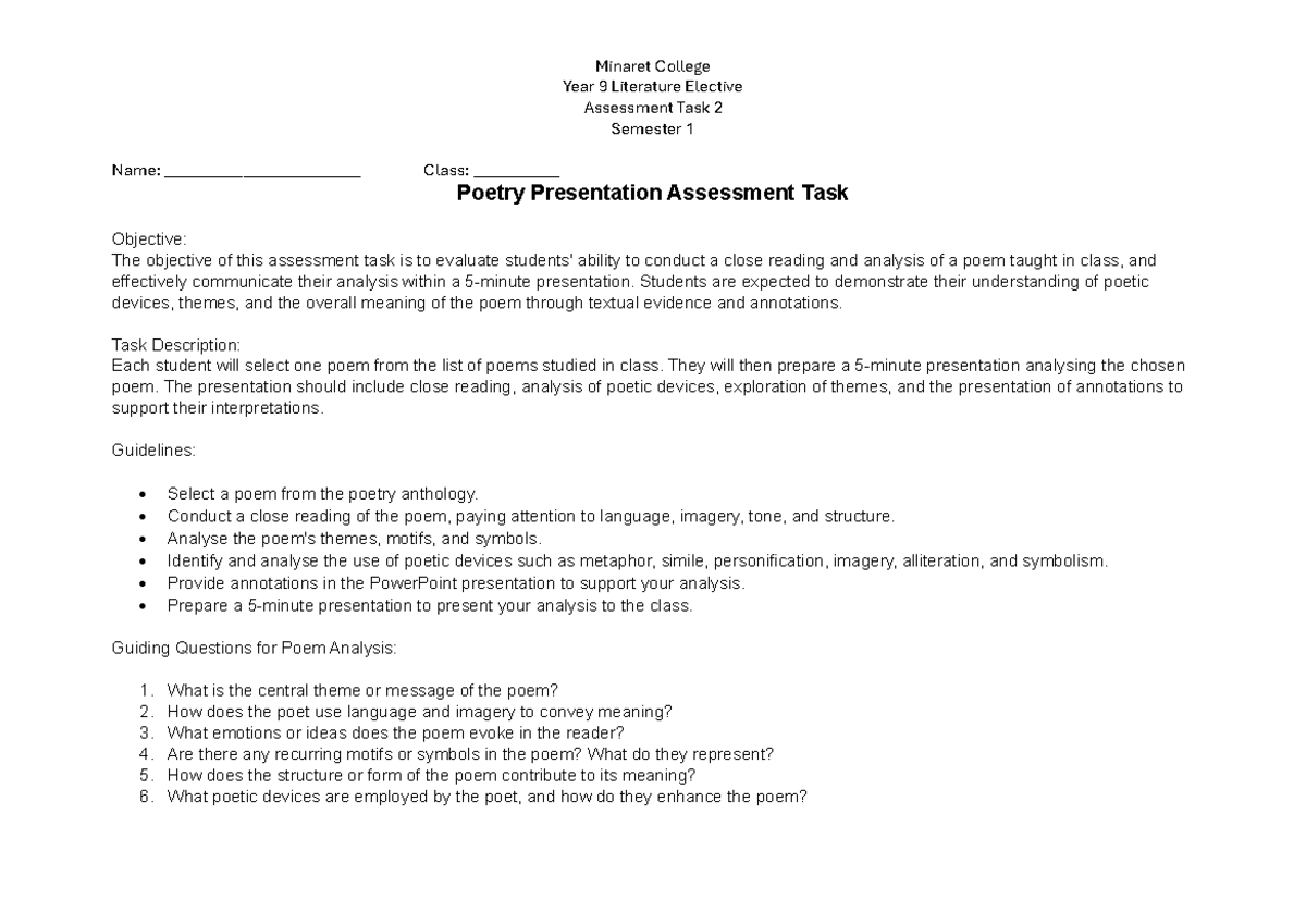 Literature Poetry Presentation Assessment Task 2 - Minaret College Year ...