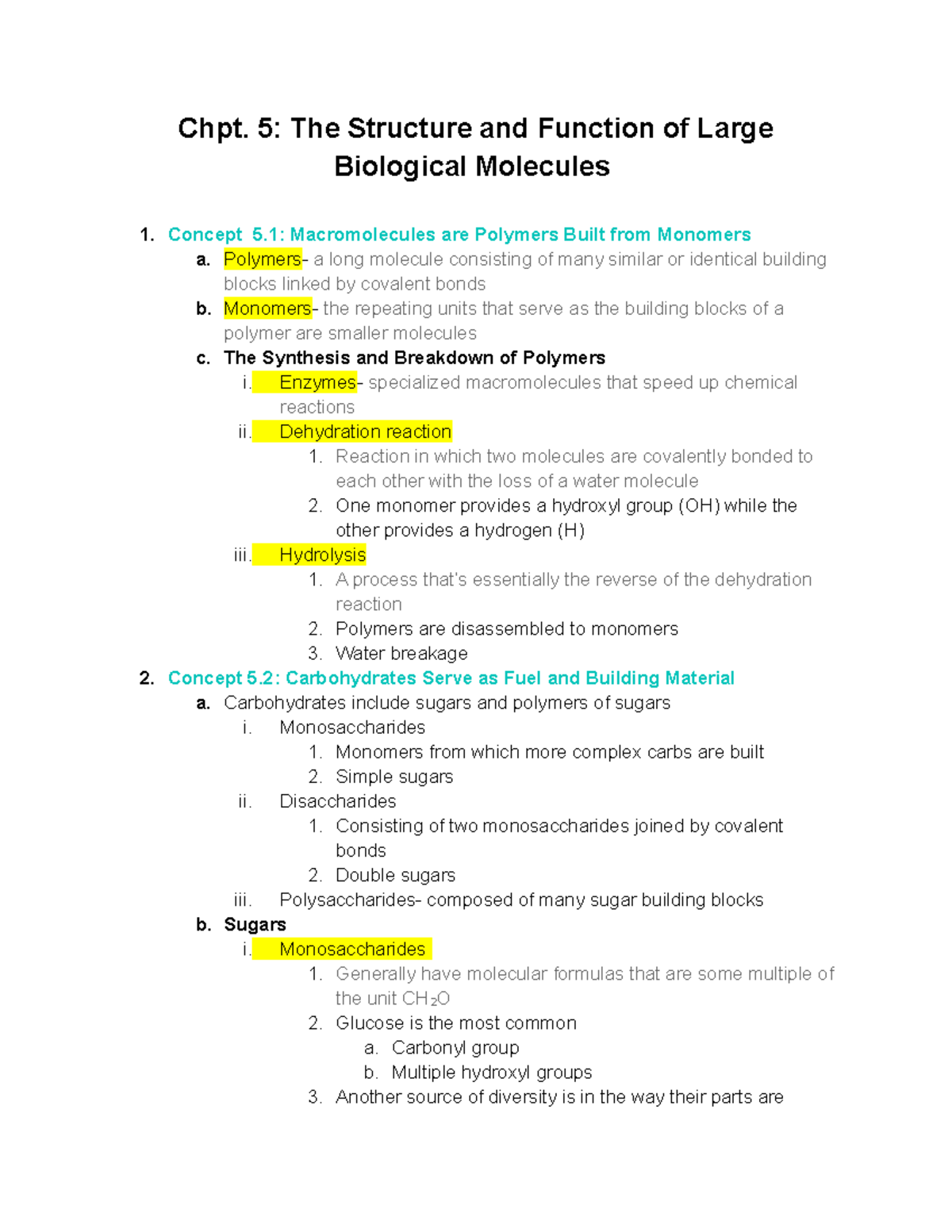 BIO 116 Notes - Chpt. 5: The Structure and Function of Large Biological ...