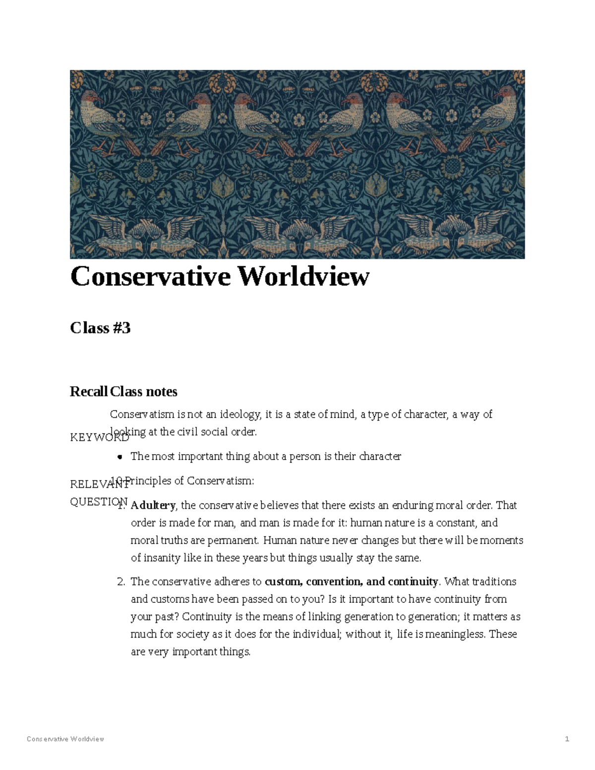 Conservative Worldview - Conservative Worldview Class Recall KEYWORD RELEVANT QUESTION Class ...