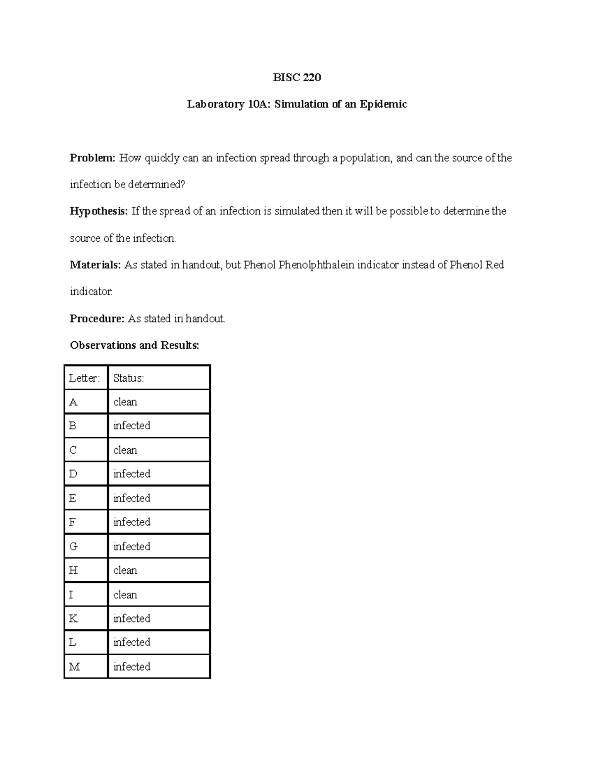 Lab 10A - BIO lab on endemics - BISC 220 Laboratory 10A: Simulation of ...