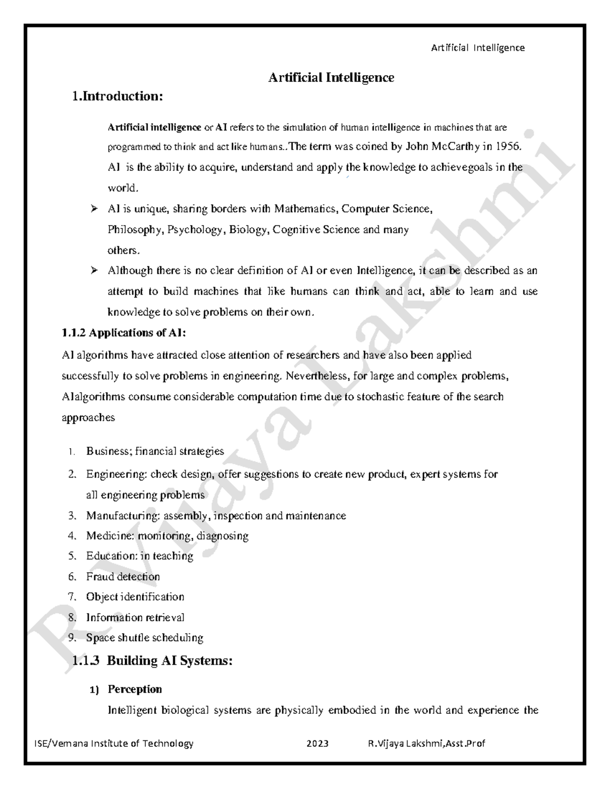 Ml module-1 - notes are made for studding - Artificial Intelligence 1 ...