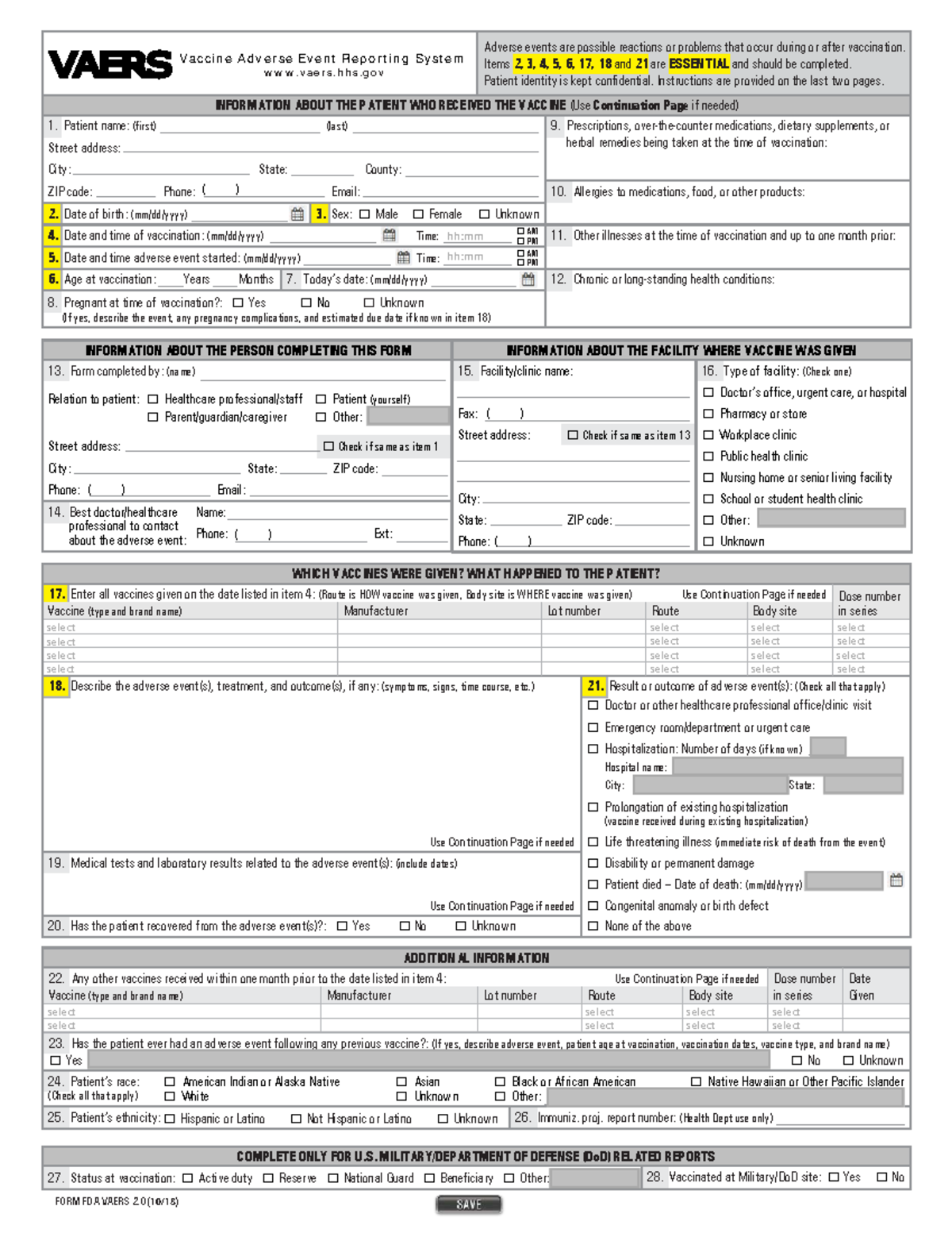 Vaers form - awdfcaefdweq - FORM FDA VAERS 2 (10/18) VAERS Vaccine ...