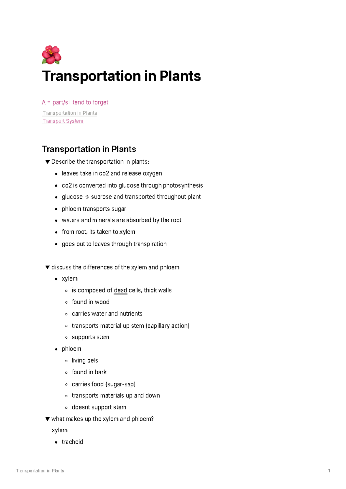 Transportation in Plants - 🌺 Transportation in Plants A part/s I tend ...