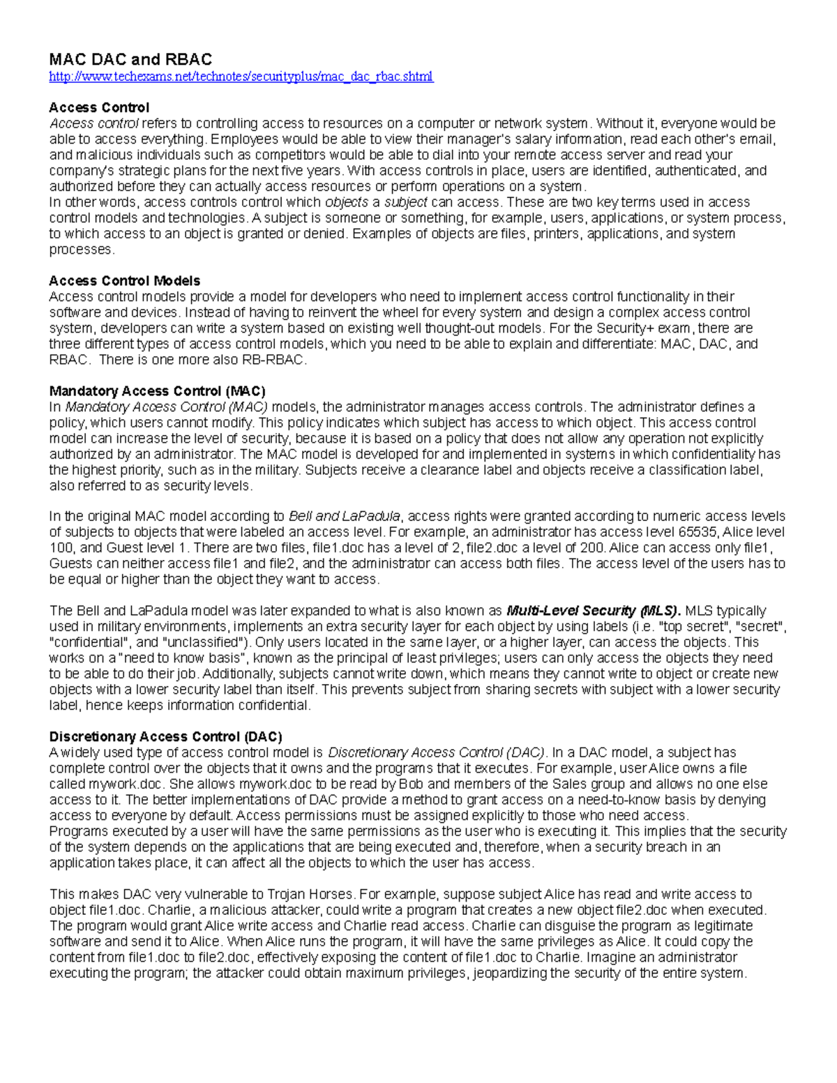 MAC DAC and RBAC - Extra notes to substitute the learning material ...