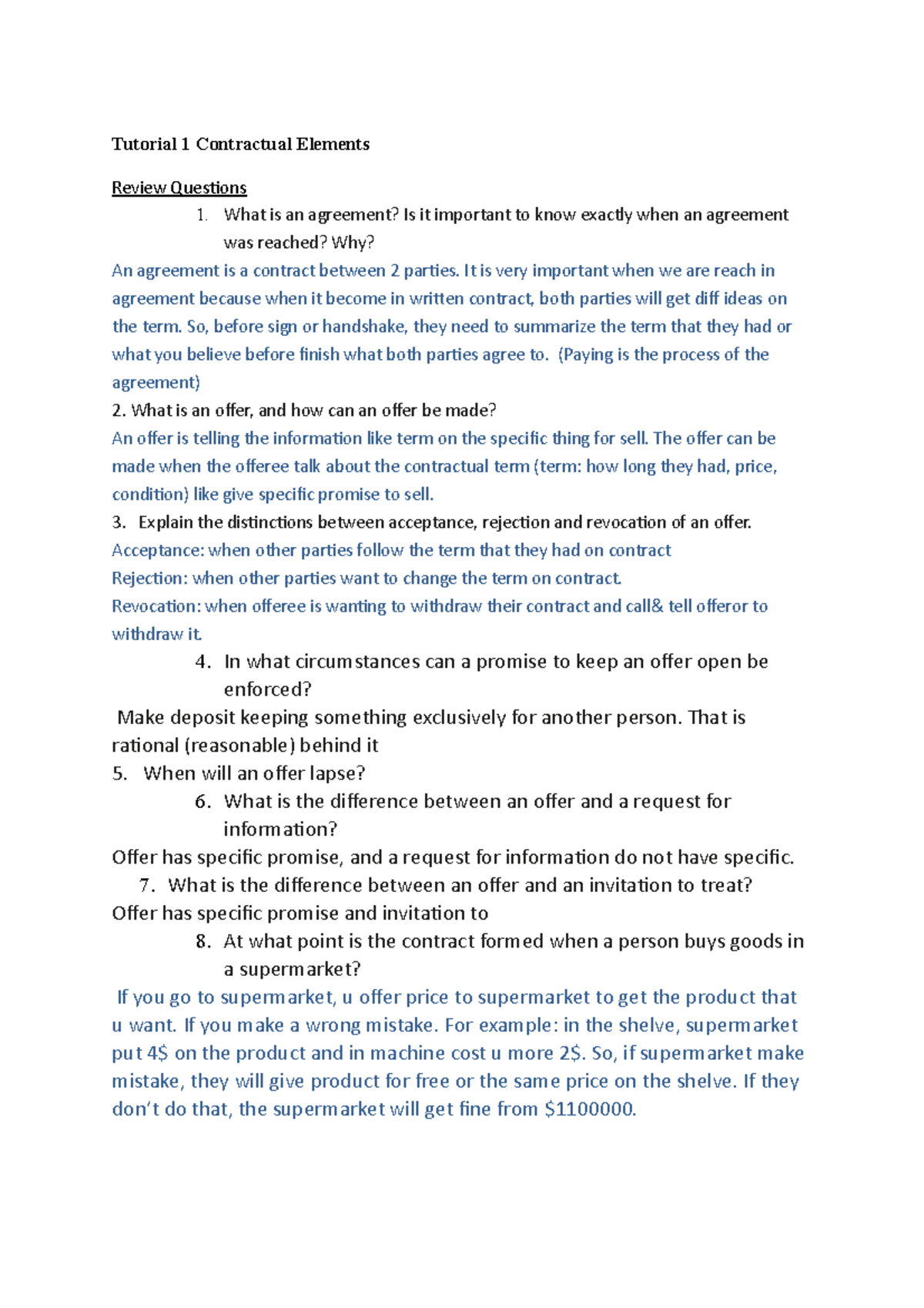 Tutorial 1 Contractual Elements - Tutorial 1 Contractual Elements Review Questions What is an ...