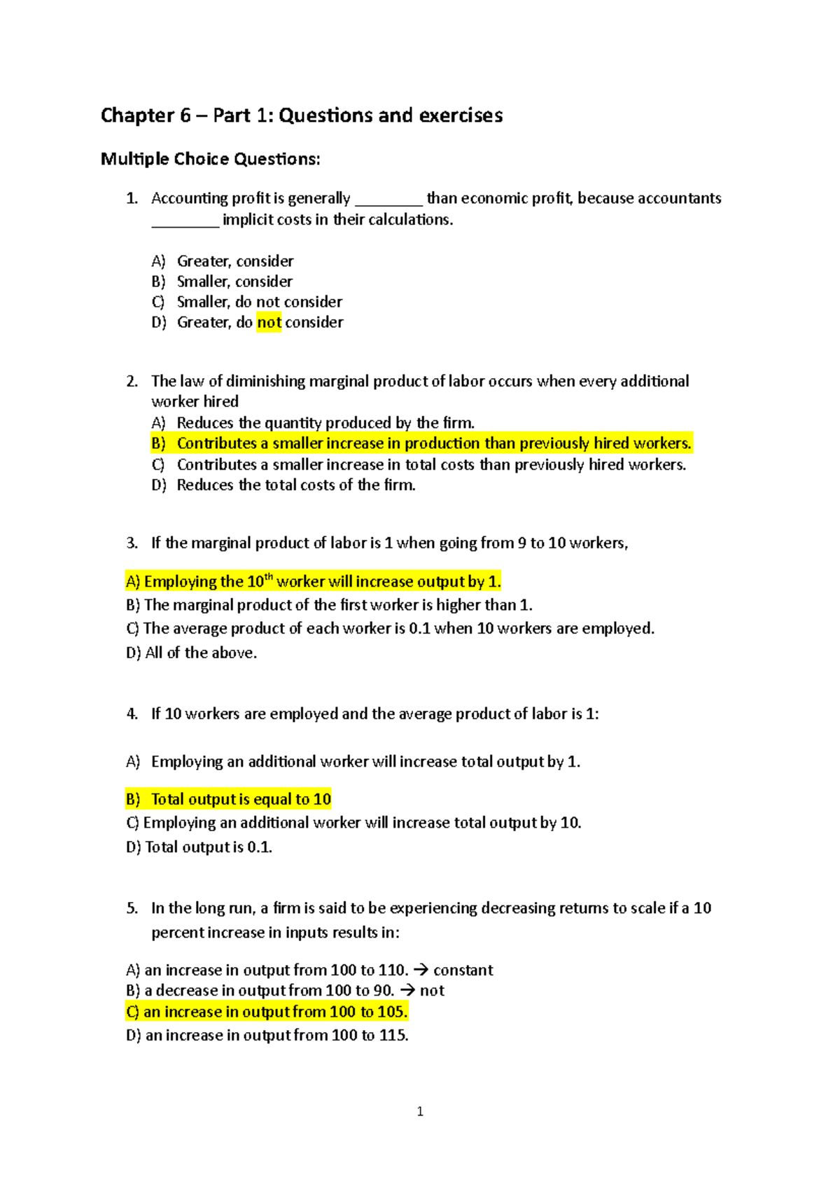 Chapter 6 Part1 Questions and exercises - Chapter 6 – Part 1: Questions and exercises Multiple ...