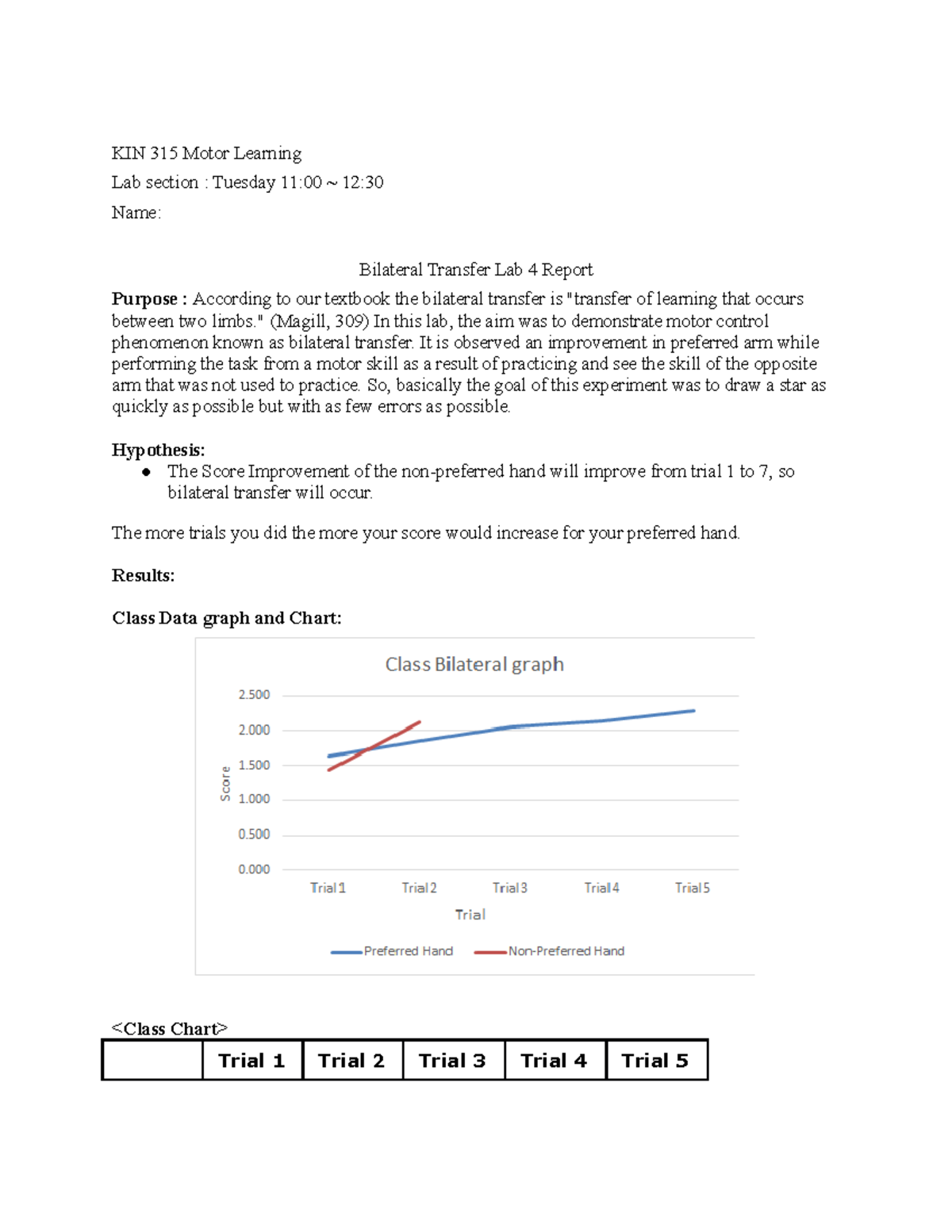Lab 4 Bilateral Transfer - KIN 315 Motor Learning Lab section : Tuesday ...