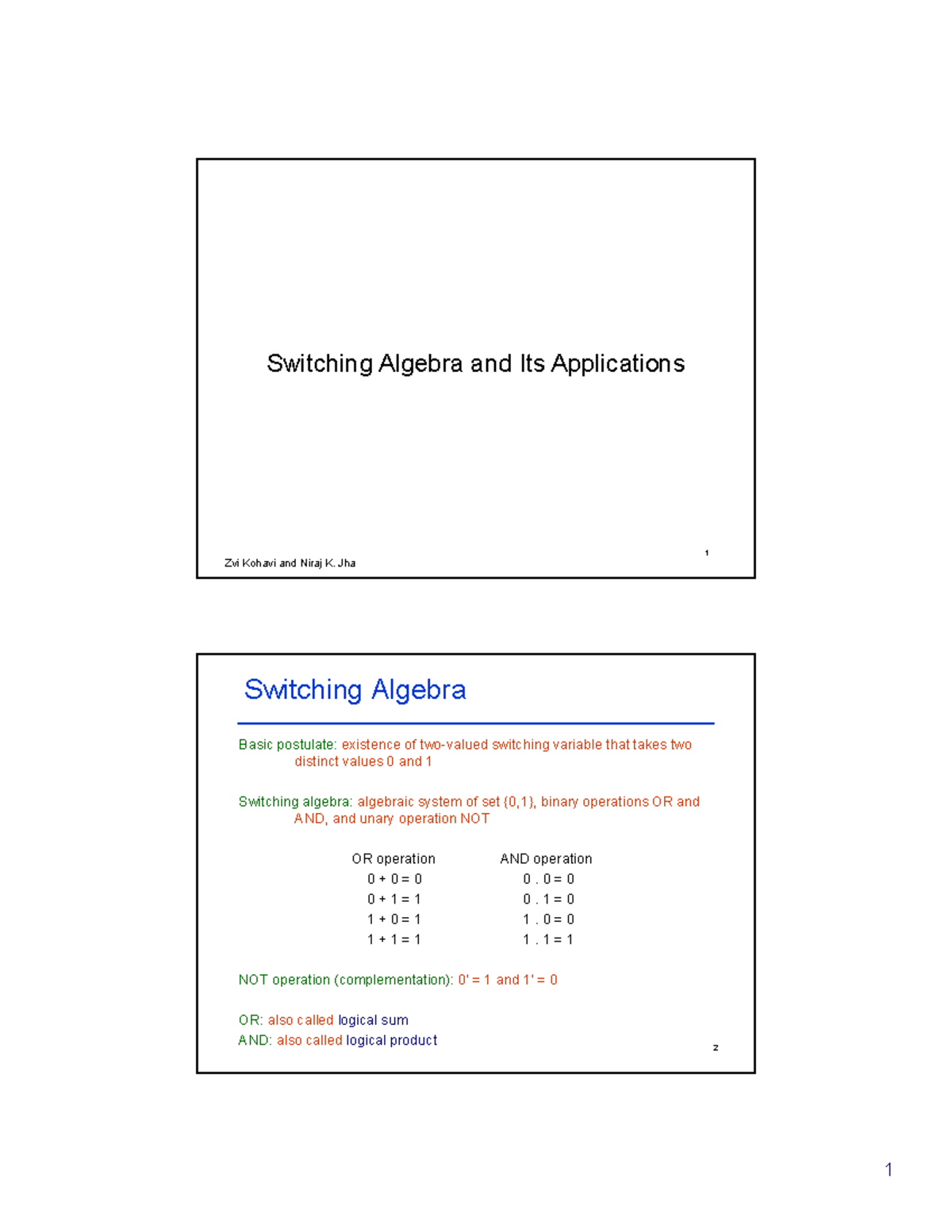 2 - 2nd lec of digital design - Zvi Kohavi and Niraj K. Jha 1 Switching ...