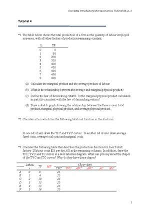 Econ1001 Tutorial 07 - Econ1001 Introductory Microeconomics, Tutorial 7 ...