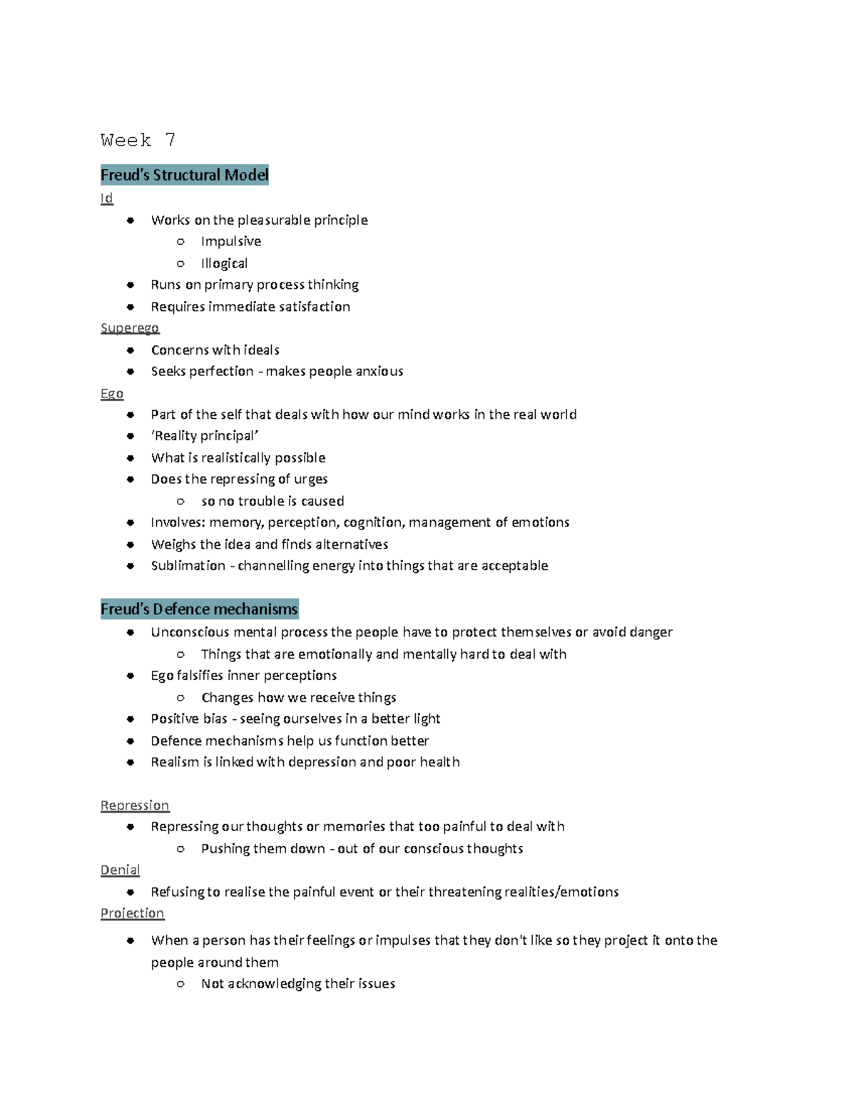 Psychology Lecture Notes - Week 7 Freud’s Structural Model Id Works on ...