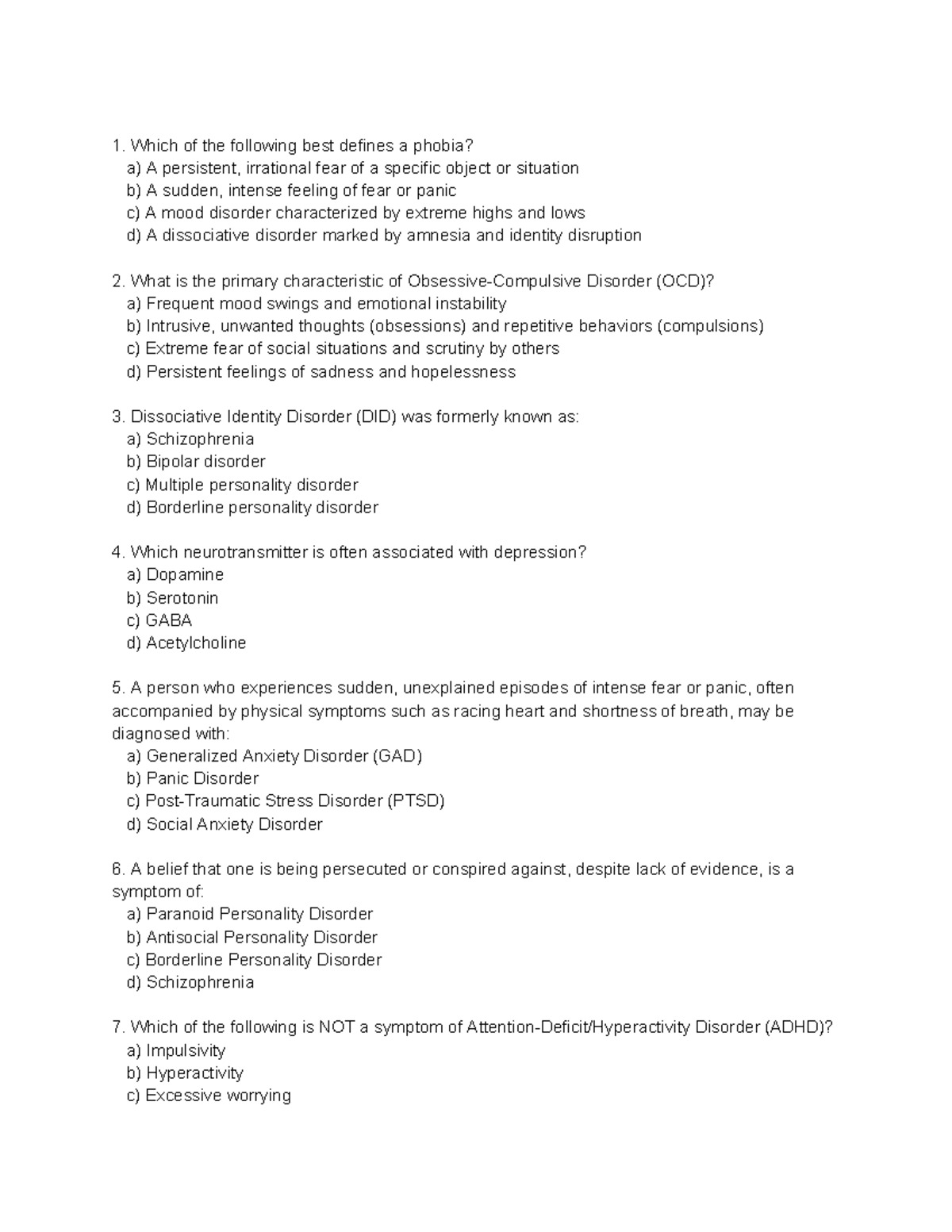 Ab psych practice quiz - Which of the following best defines a phobia ...