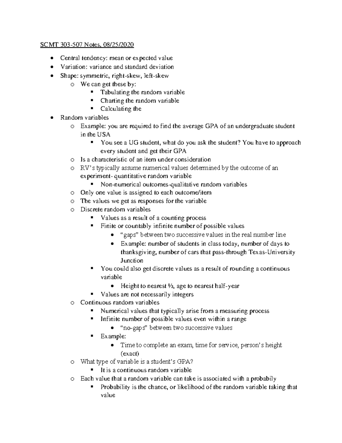 SCMT 303 Notes - SCMT 303-507 Notes, 08/25/ Central tendency: mean or ...