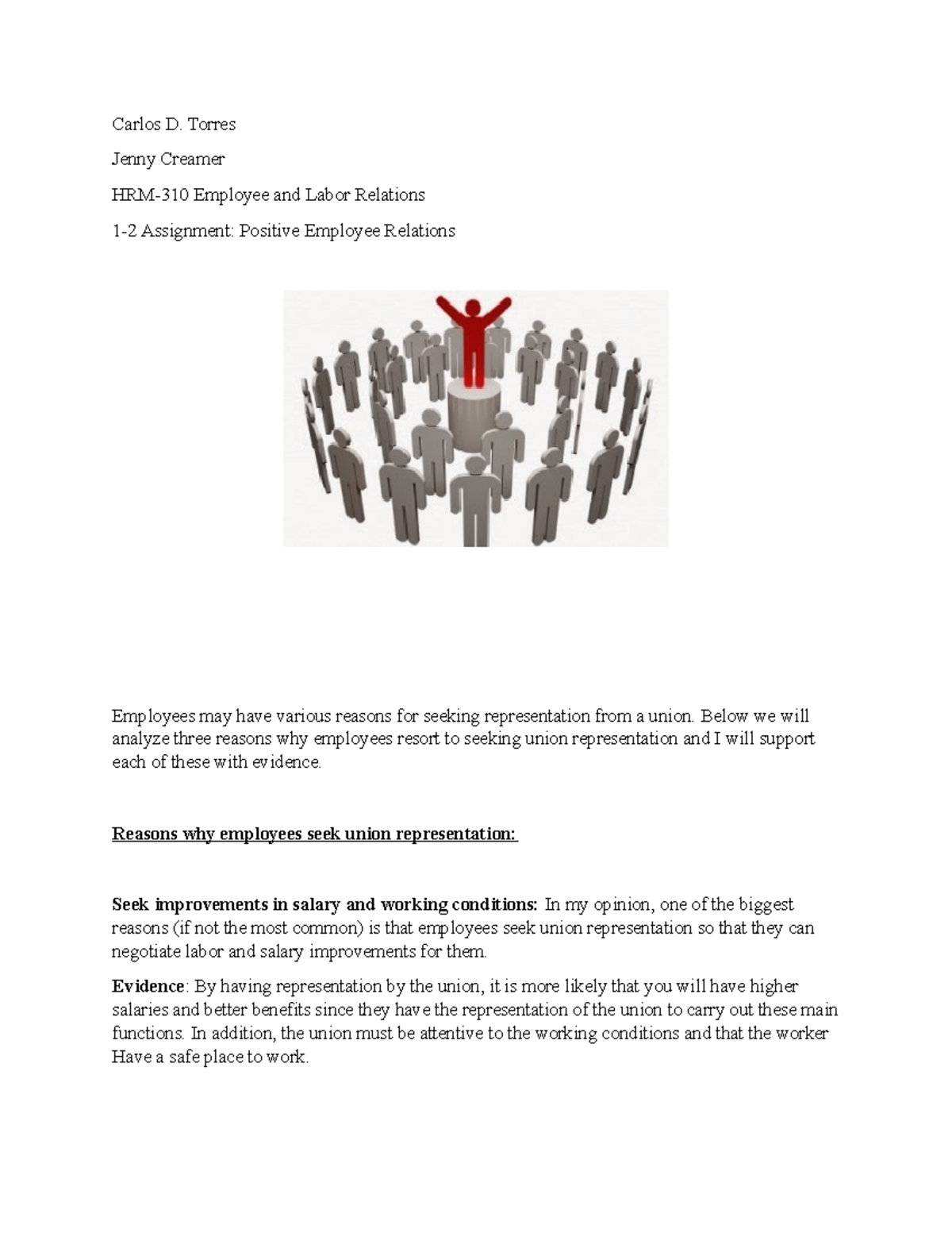 HRM-310 1-2 Assignment Positive Employee Relations - Carlos D. Torres ...