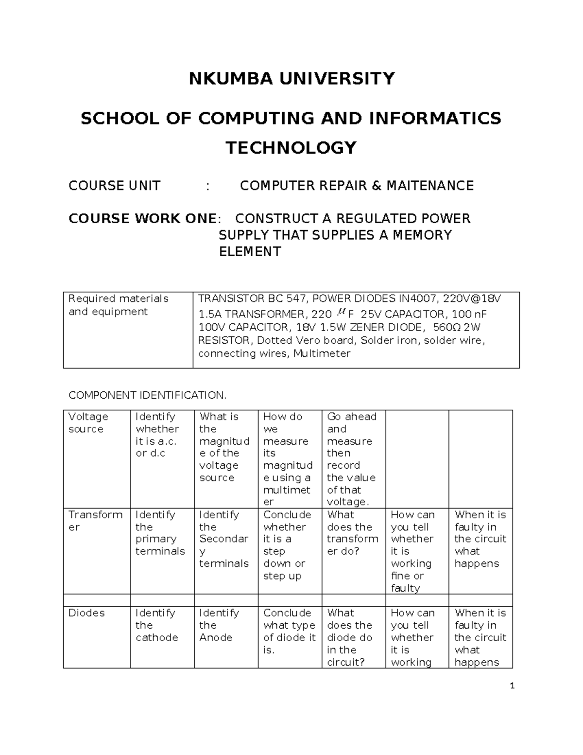 Computer Repair Course work - NKUMBA UNIVERSITY SCHOOL OF COMPUTING AND INFORMATICS TECHNOLOGY ...