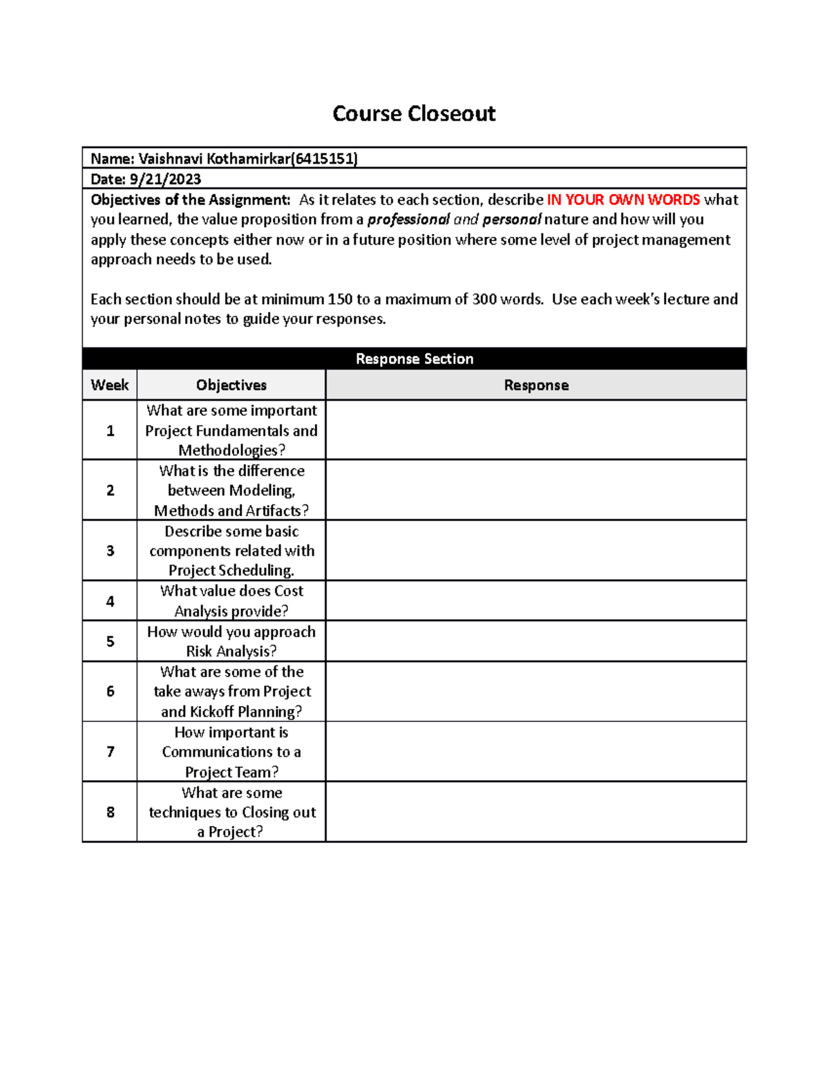 Course Closeout Template - Course Closeout Name: Vaishnavi Kothamirkar ...