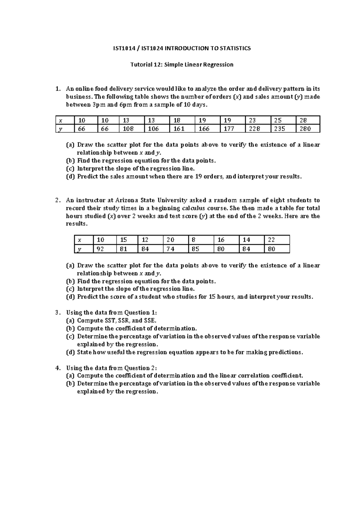 Tutorial 12 - IST1014 / IST1024 INTRODUCTION TO STATISTICS Tutorial 12 ...
