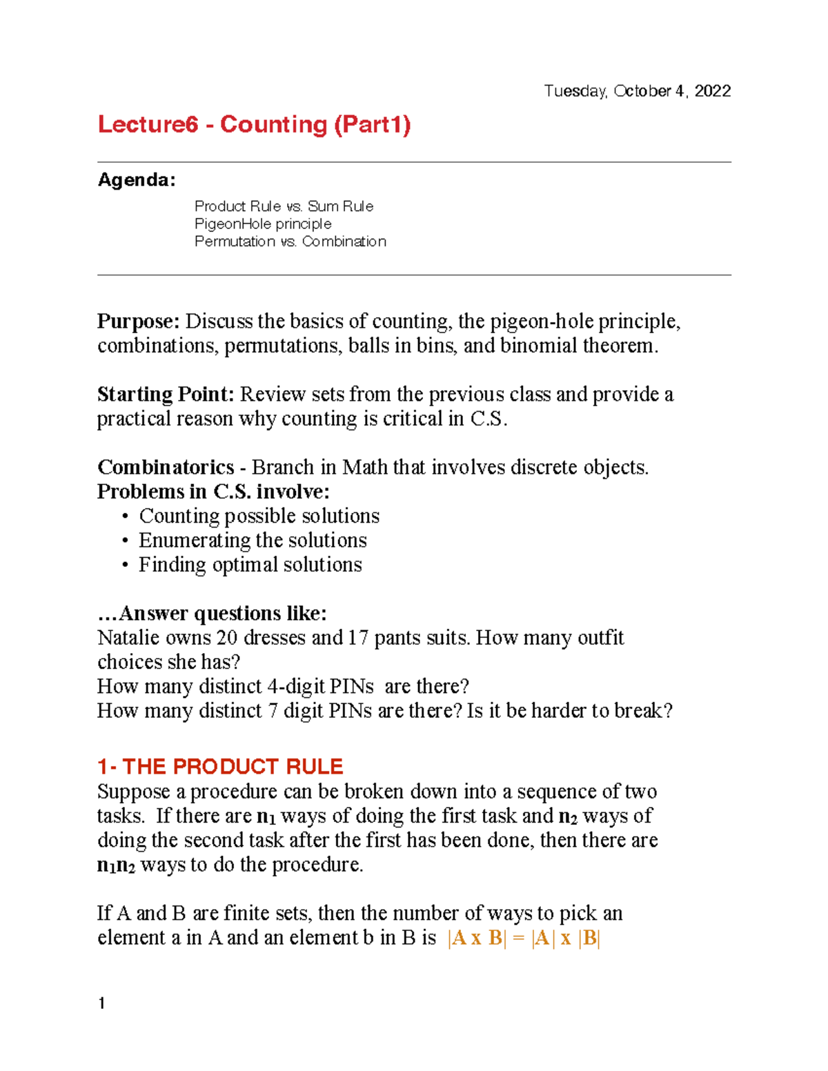 L05 Countingpart1 Lecture 5 Notes By Instructor Lecture6 Counting Part1 Agenda