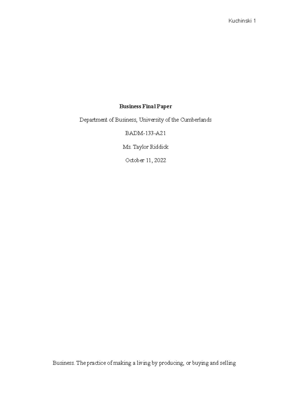 Business Final Essay - Business Final Paper Department of Business ...