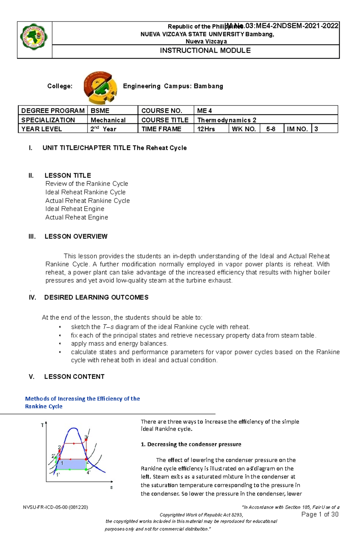Thermodynamics 2 Module #3 Ideal and Actual Reheat Rankine cycle ...