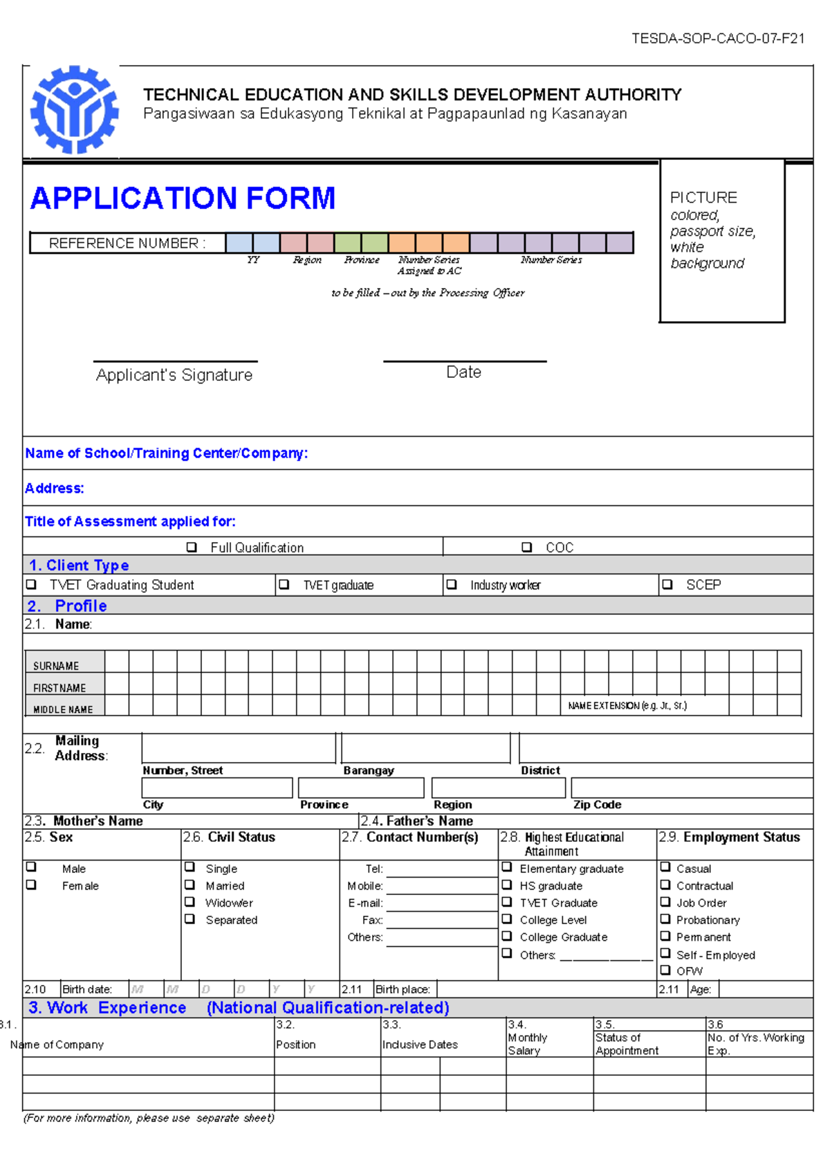 Revised application form - TESDA-SOP-CACO-07-F TECHNICAL EDUCATION AND ...