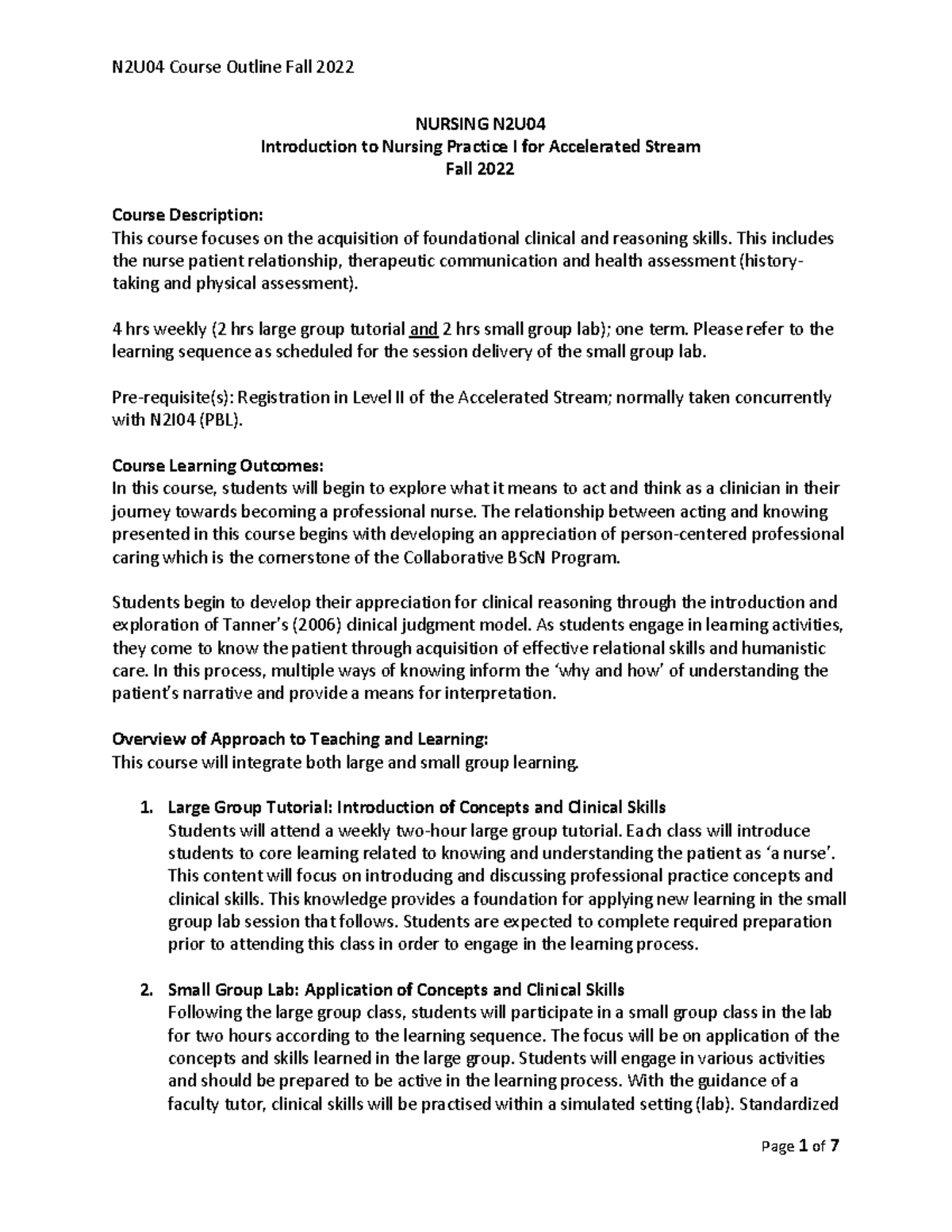 N2U04 Course Outline - N2U04 Course Outline Fall 2022 Page 1 of 7 ...