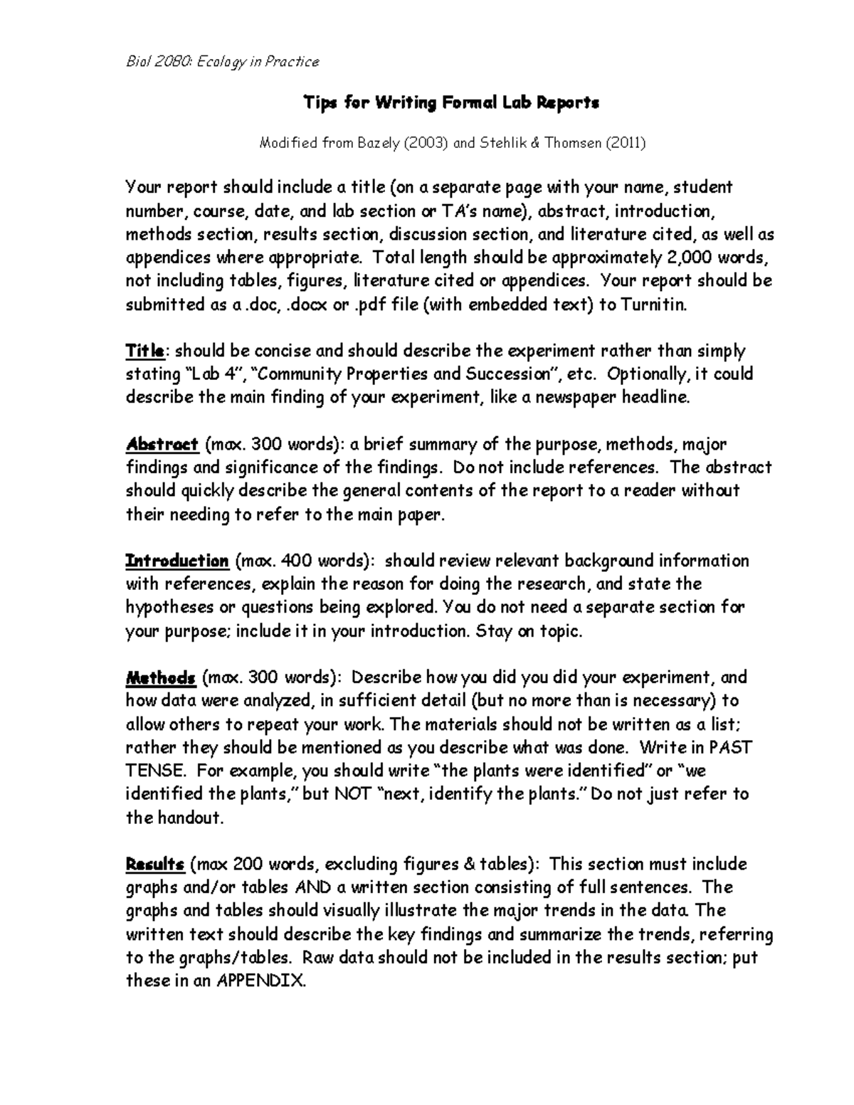 Guidelines for Writing Lab Reports - Biol 20 8 0: Ecology in Practice ...