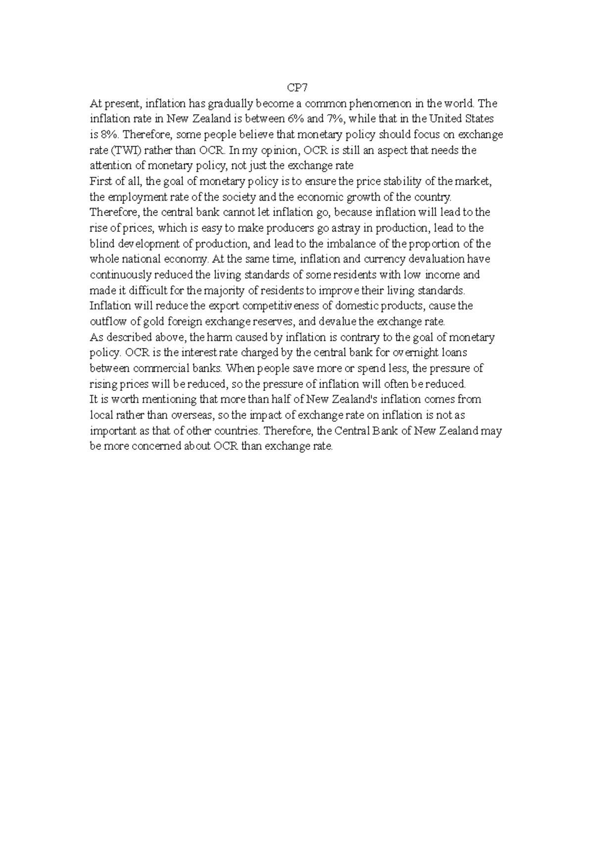 CP7 - NONE - CP At present, inflation has gradually become a common phenomenon in the world. The ...