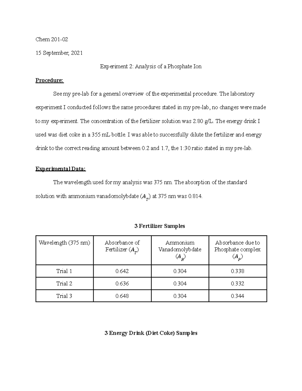 Chem 201 Experiment 2: Analysis of a Phosphate Ion - Chem 201- 15 ...