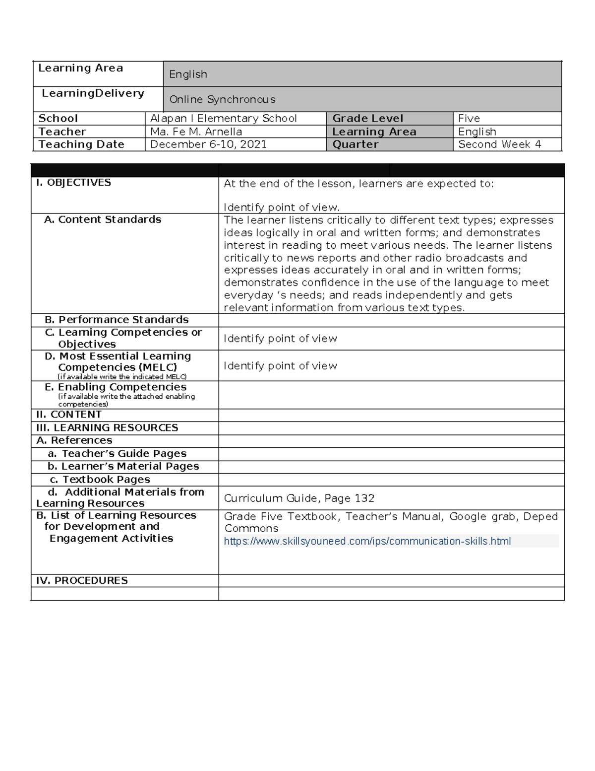 English 5 IDEA LE Q2 WEEK 4 - Learning Area English LearningDelivery ...