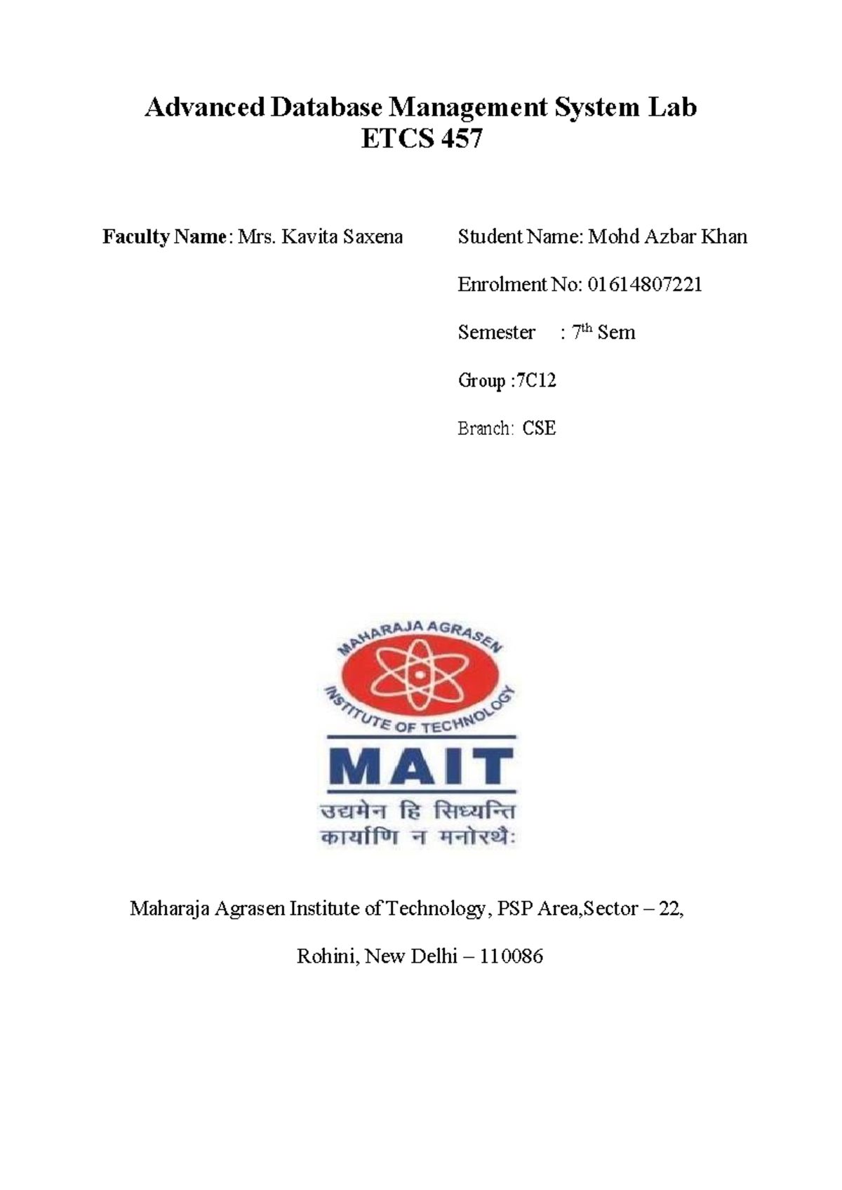 Azbar- Adbms - notes - Advanced Database Management System Lab ETCS 457 ...