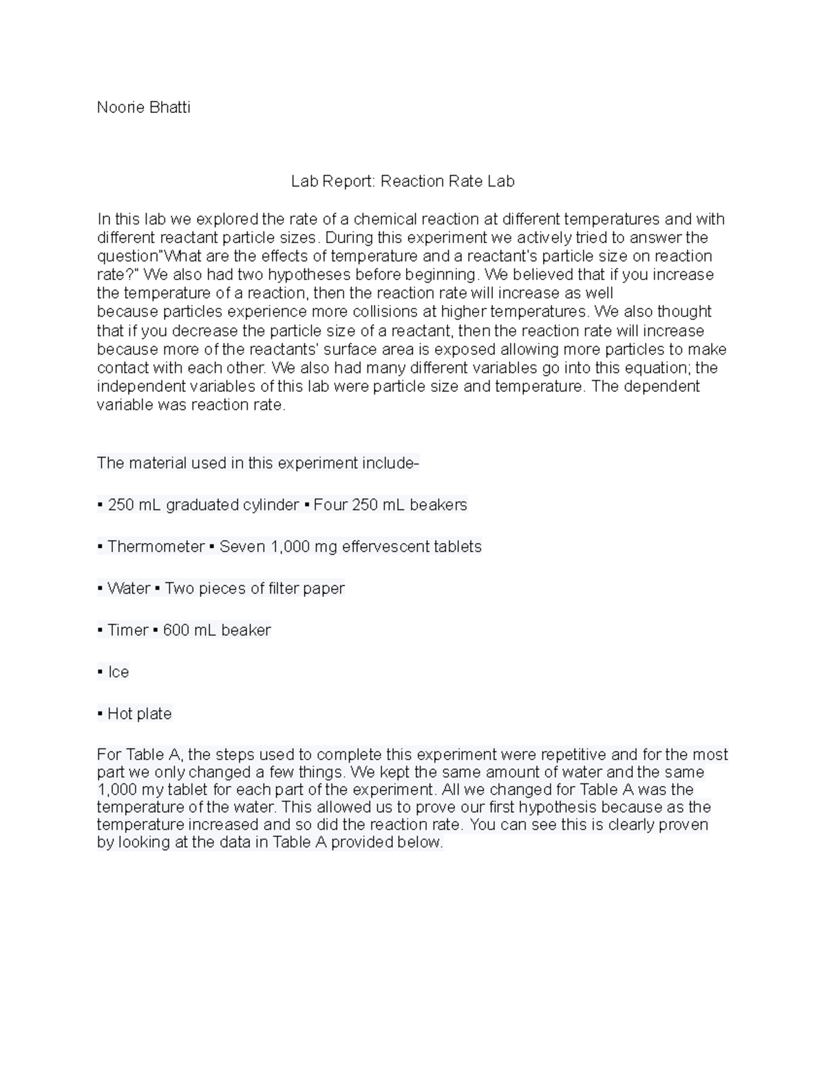 Untitled document - Lab lecture - Noorie Bhatti Lab Report: Reaction ...