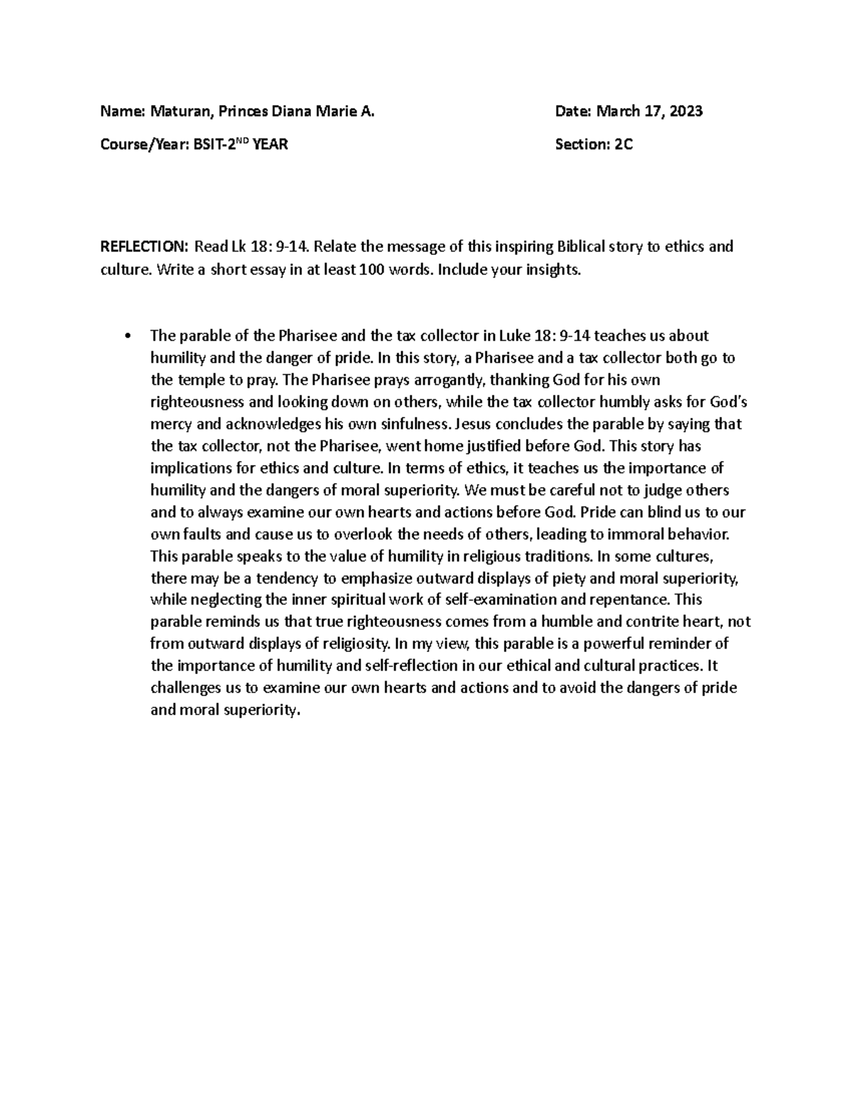 Reflection - Just a sample of documents - Name: Maturan, Princes Diana ...