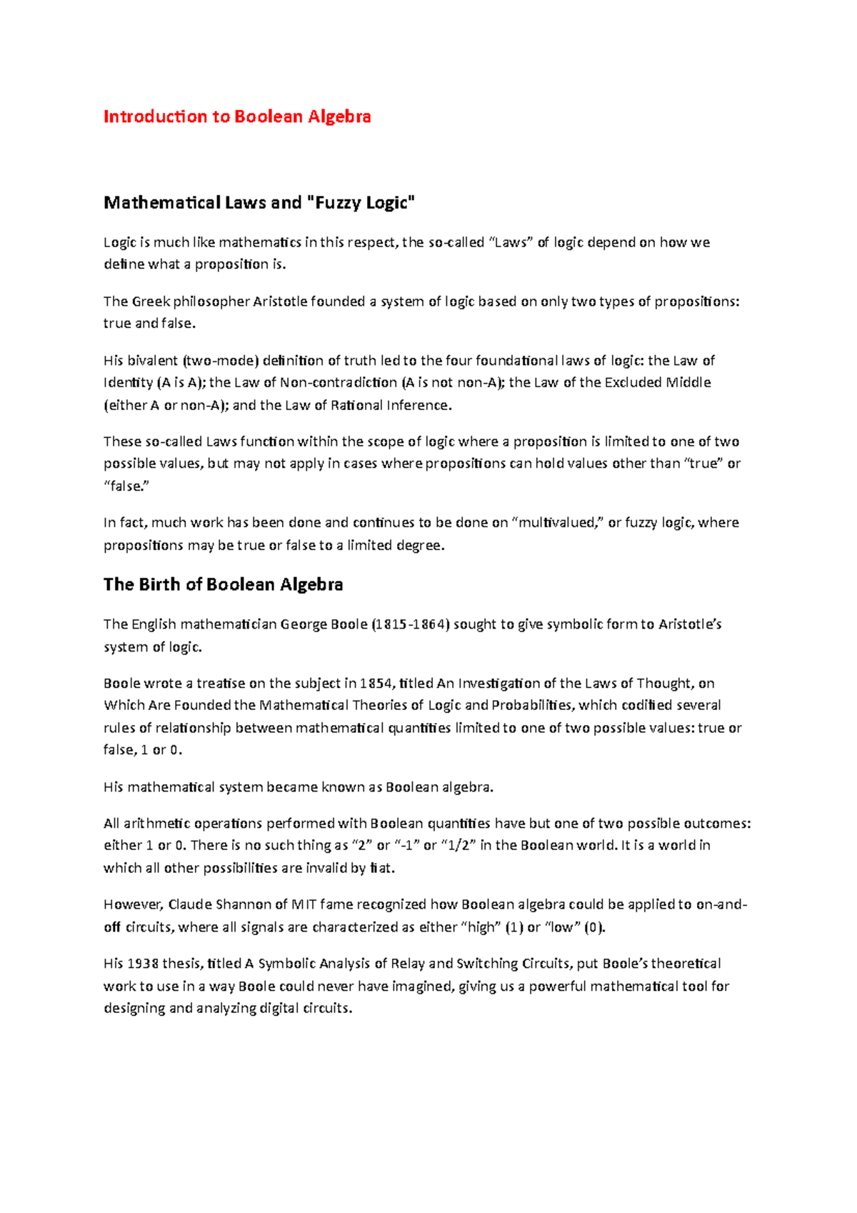 Boolean Algebra - LECTURE NOTES - Introduction to Boolean Algebra ...