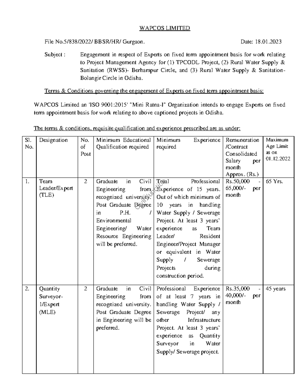 Notification- Wapcos-Engg - WAPCOS LIMITED File No/838/2022/ BBSR/HR ...