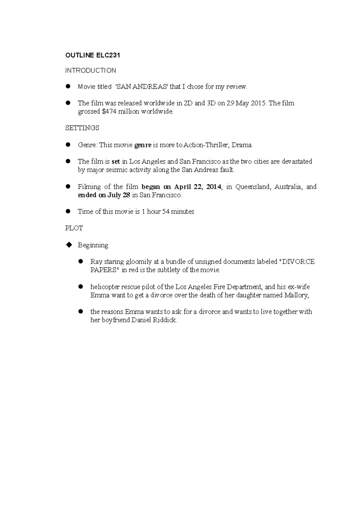 Draft Outline ELC231 - I DONT KNOW - OUTLINE ELC INTRODUCTION Movie ...