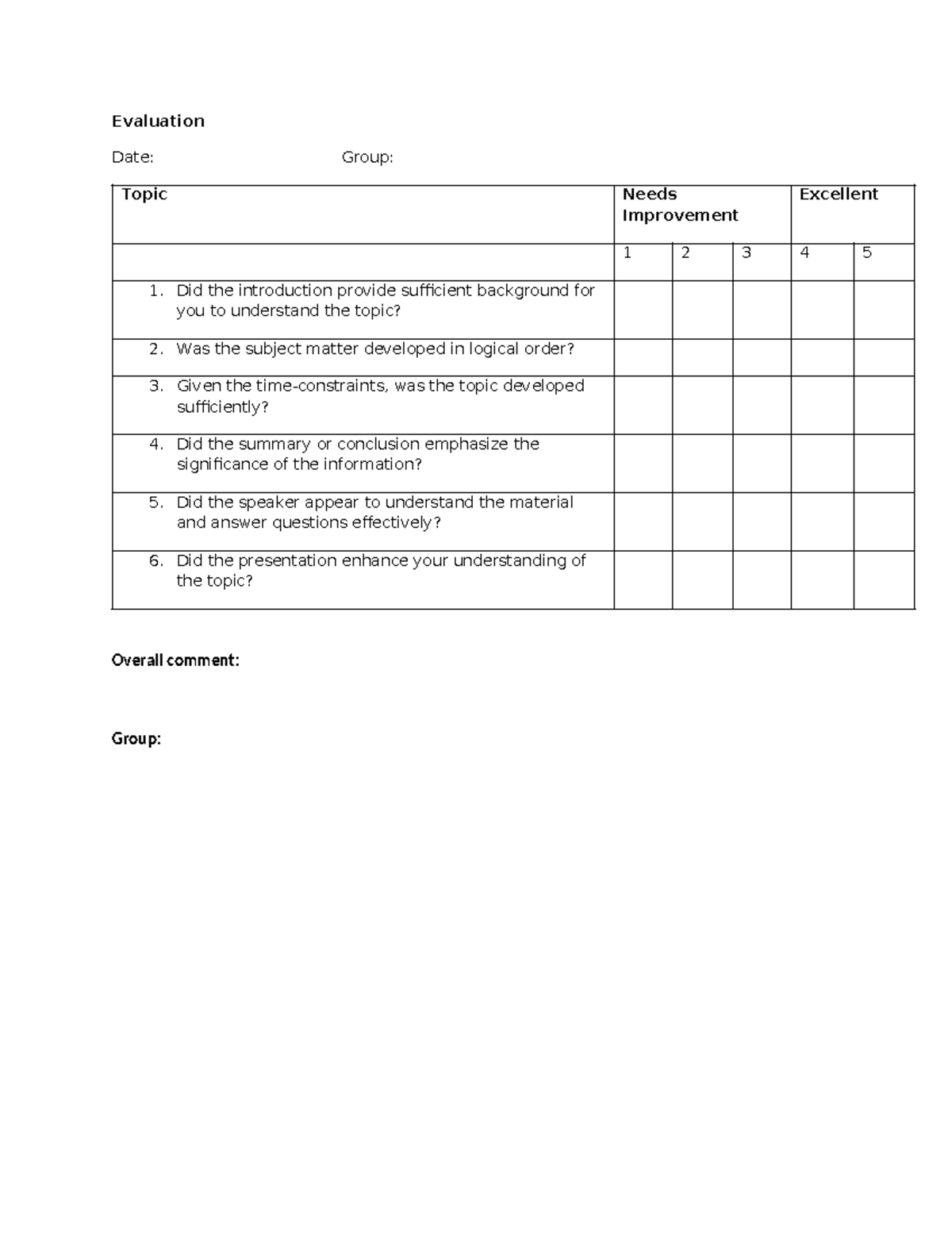 Evaluation Form Uni KL - Evaluation Date: Group: Topic Needs ...