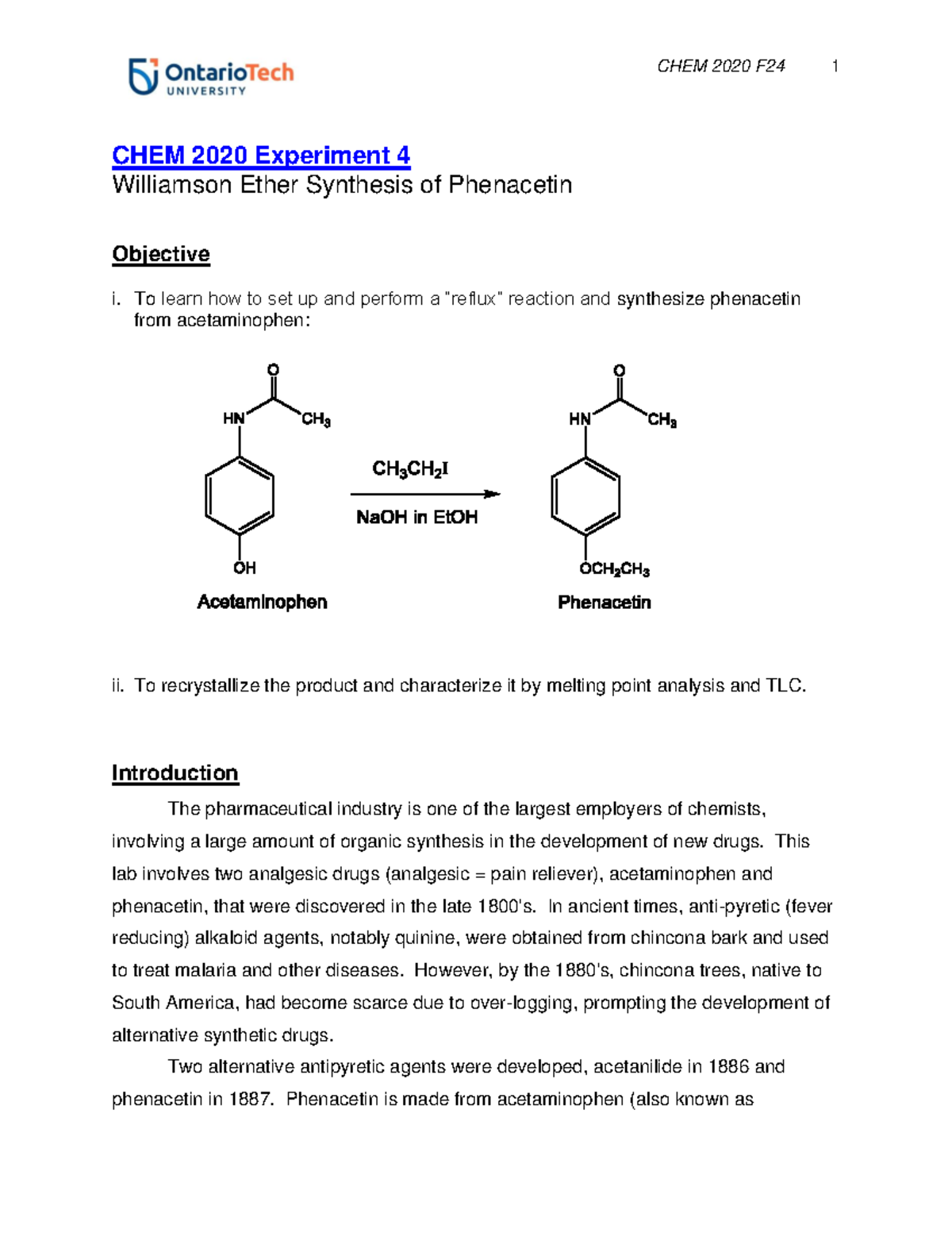 Expt4 Synthesis of Phenacetin F24 - CHEM 2020 Experiment 4 Williamson ...