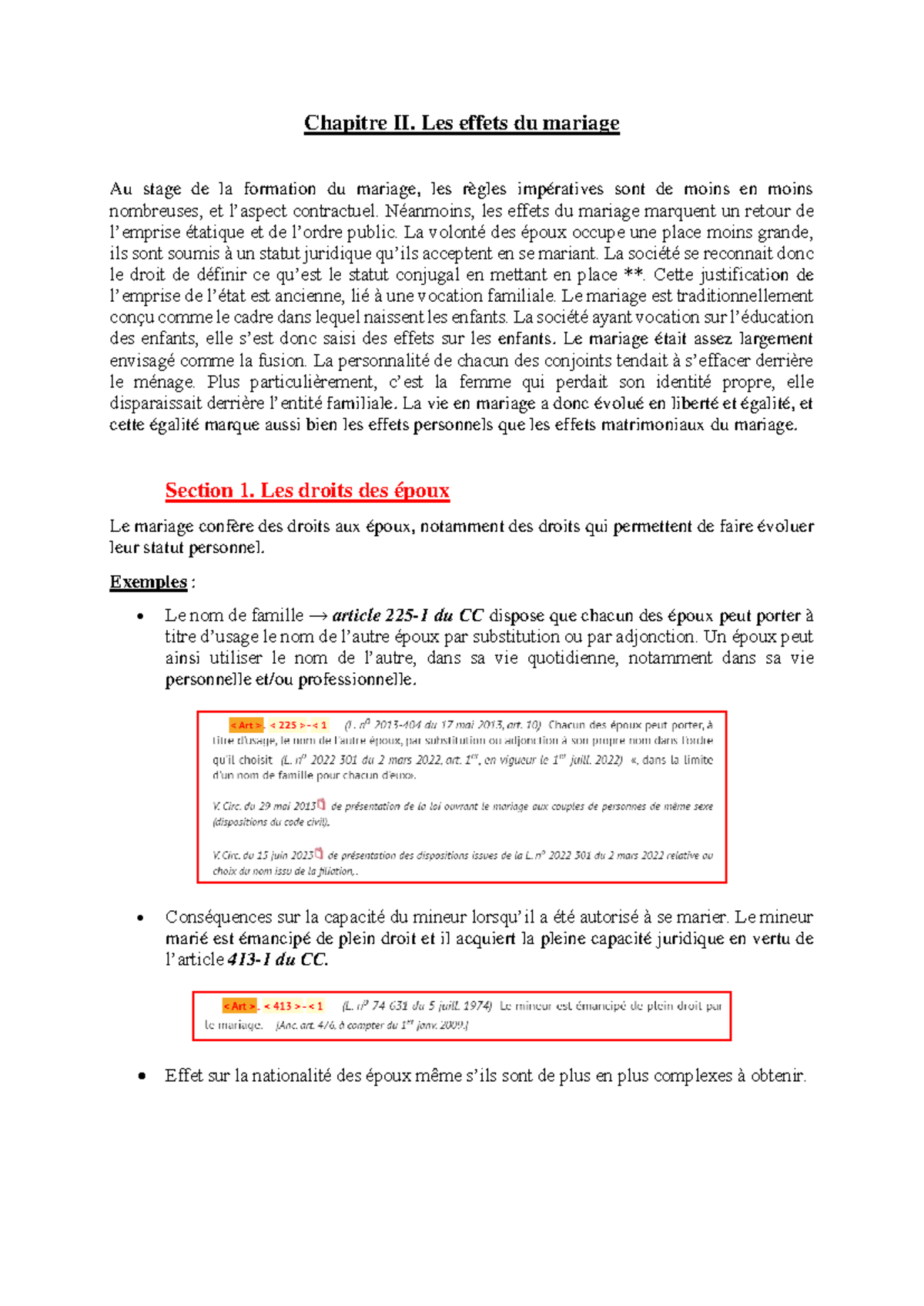 Chapitre II. Les effets du mariage - Chapitre II. Les effets du mariage Au stage de la formation ...