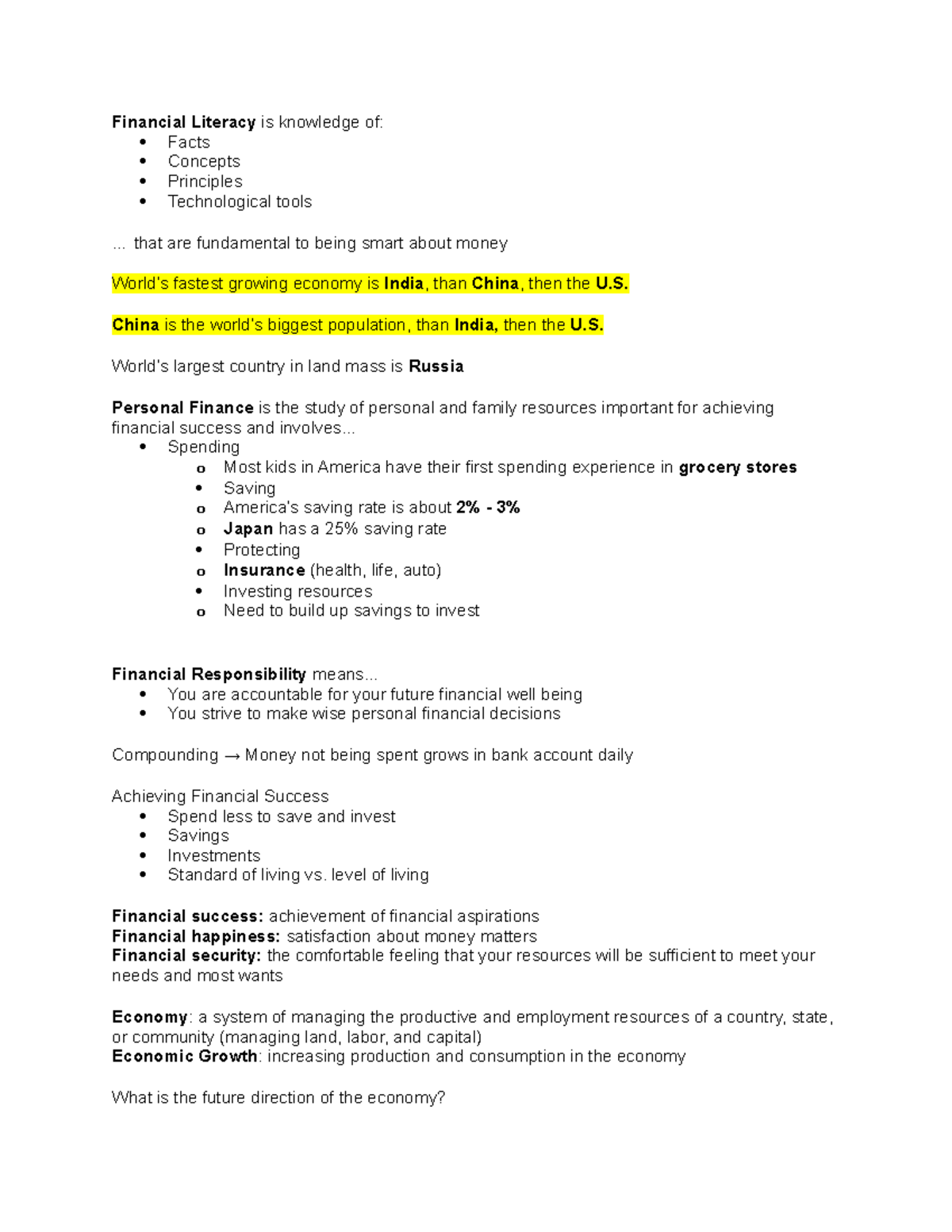 Chapter 1 Notes - Financial Literacy is knowledge of: Facts Concepts ...