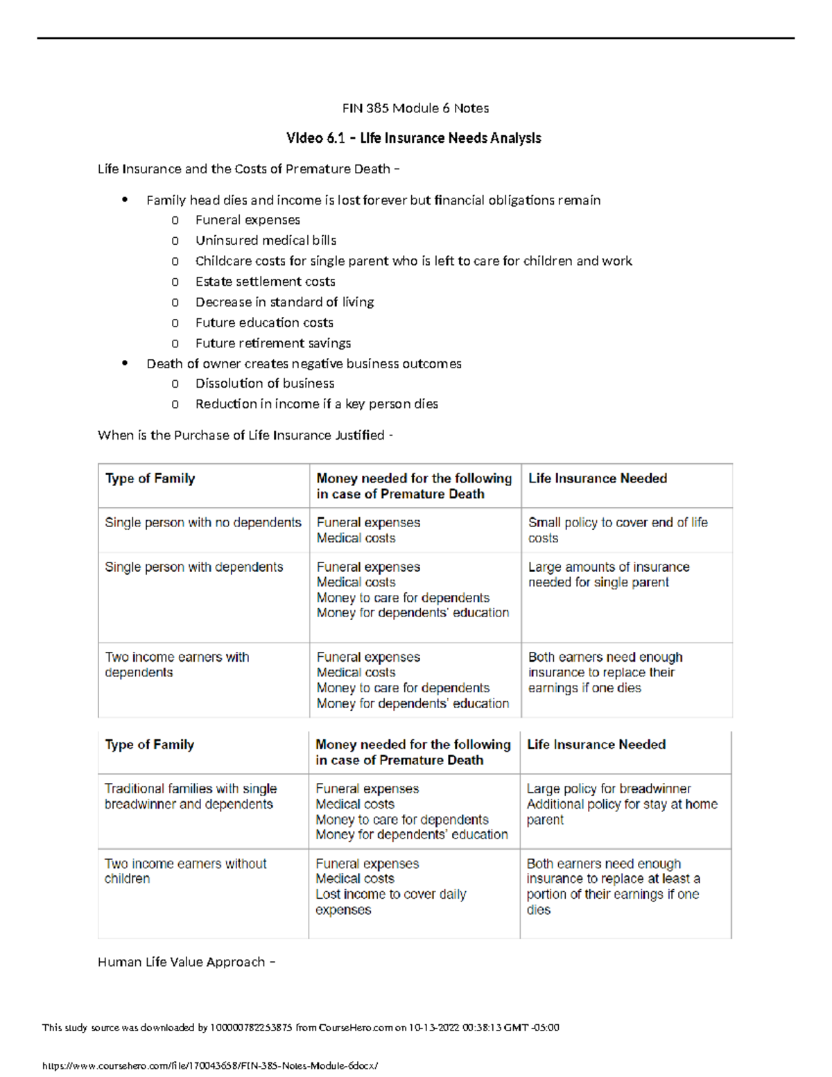FIN 385 Notes Module 6 - FIN 385 Module 6 Notes Video 6 – Life ...