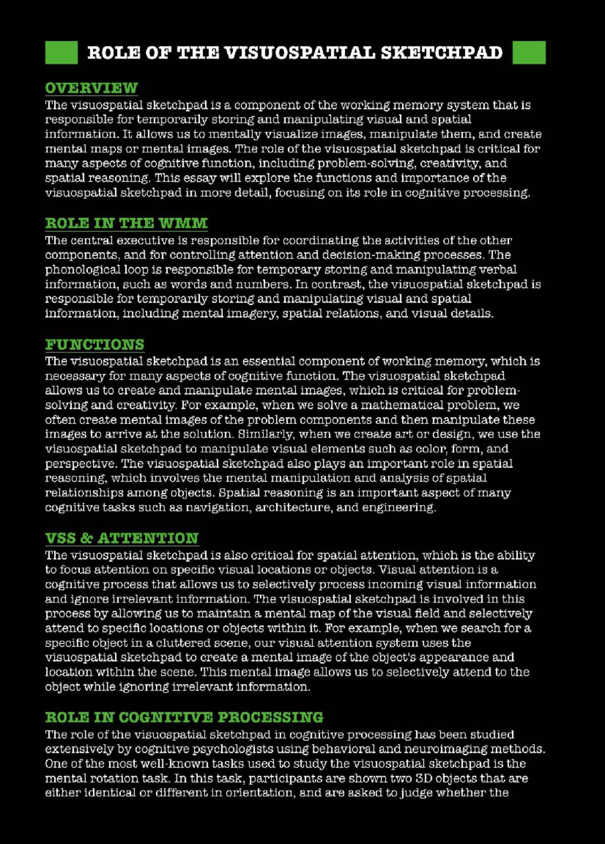 Summary: Role of the Visuospatial Sketchpad - 8638 - Studocu