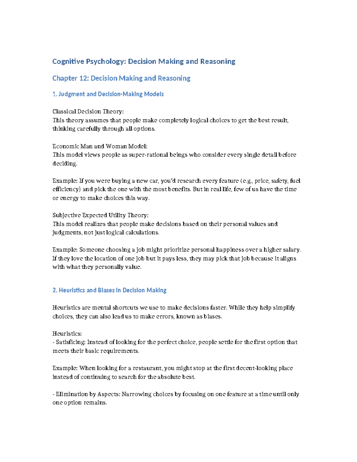 Decision Making and Reasoning Summary - Cognitive Psychology: Decision ...