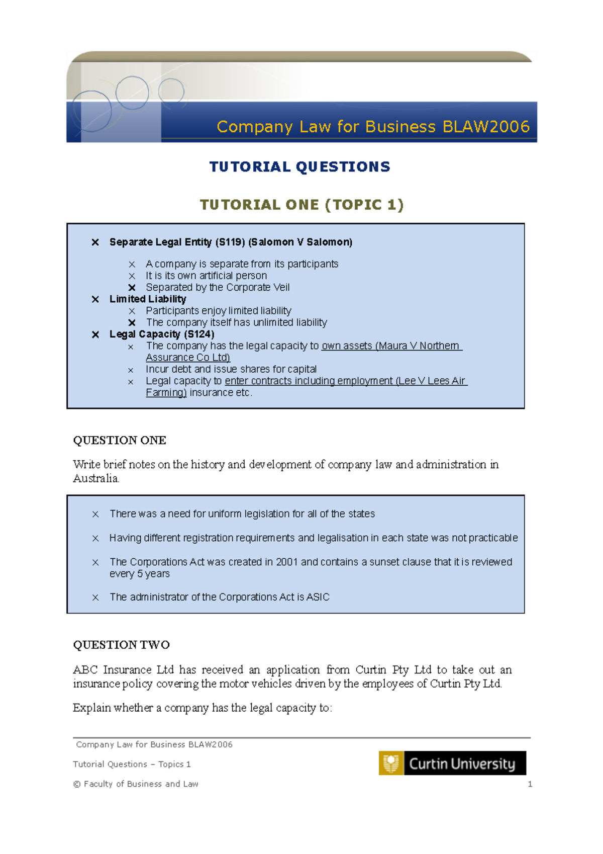Topic 1 - Tutorial Questions - Company Law for Business BLAW TUTORIAL ...