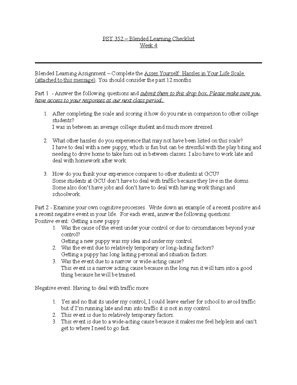 Week 4 Checklist for health psychology - PSY 352 – Blended Learning ...