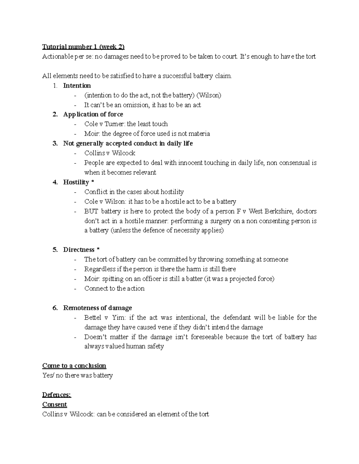 LAWS212-Tutorial 1 - tut 1 - Tutorial number 1 (week 2) Actionable per se: no damages need to be ...