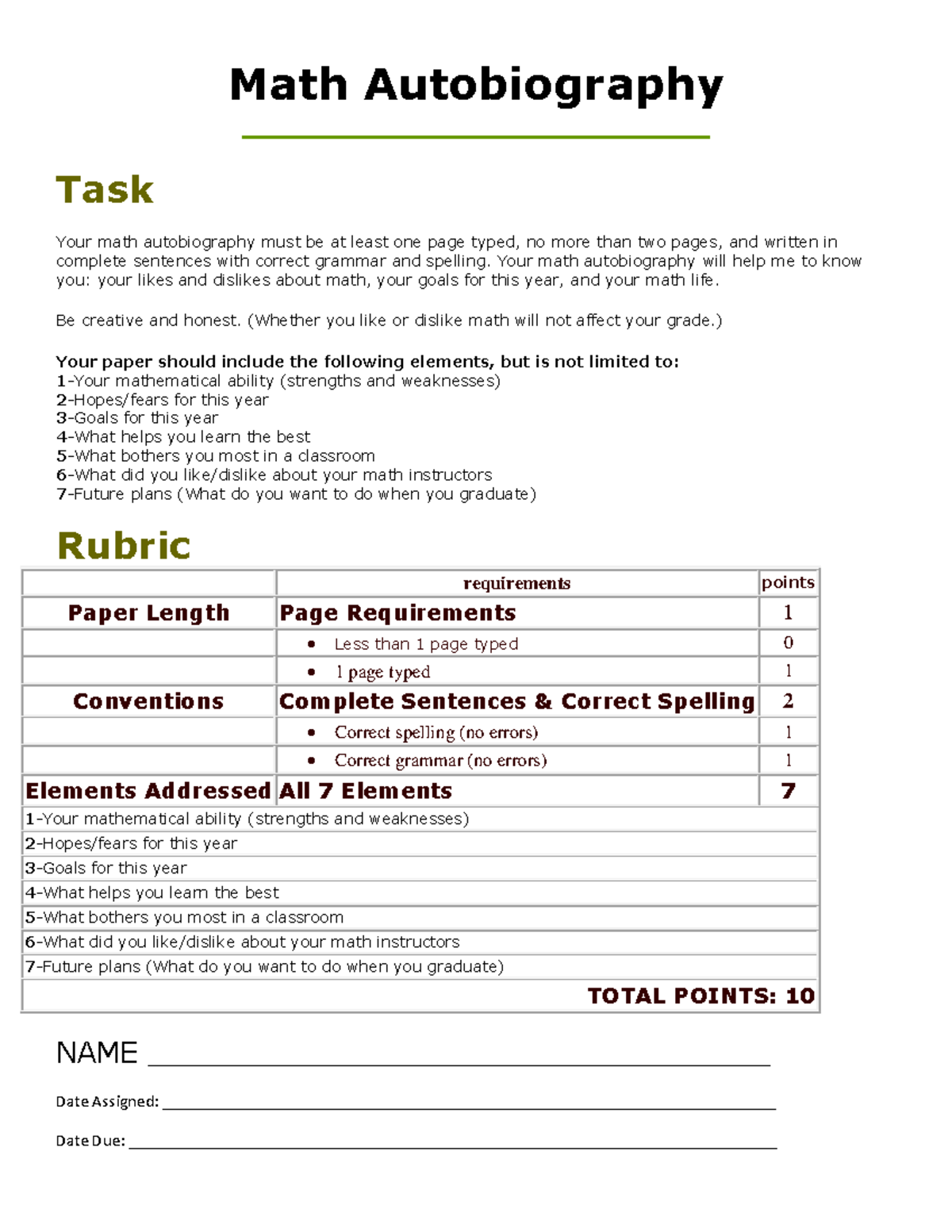 Math Autobiography - This is a getting to know you assignment to let me ...