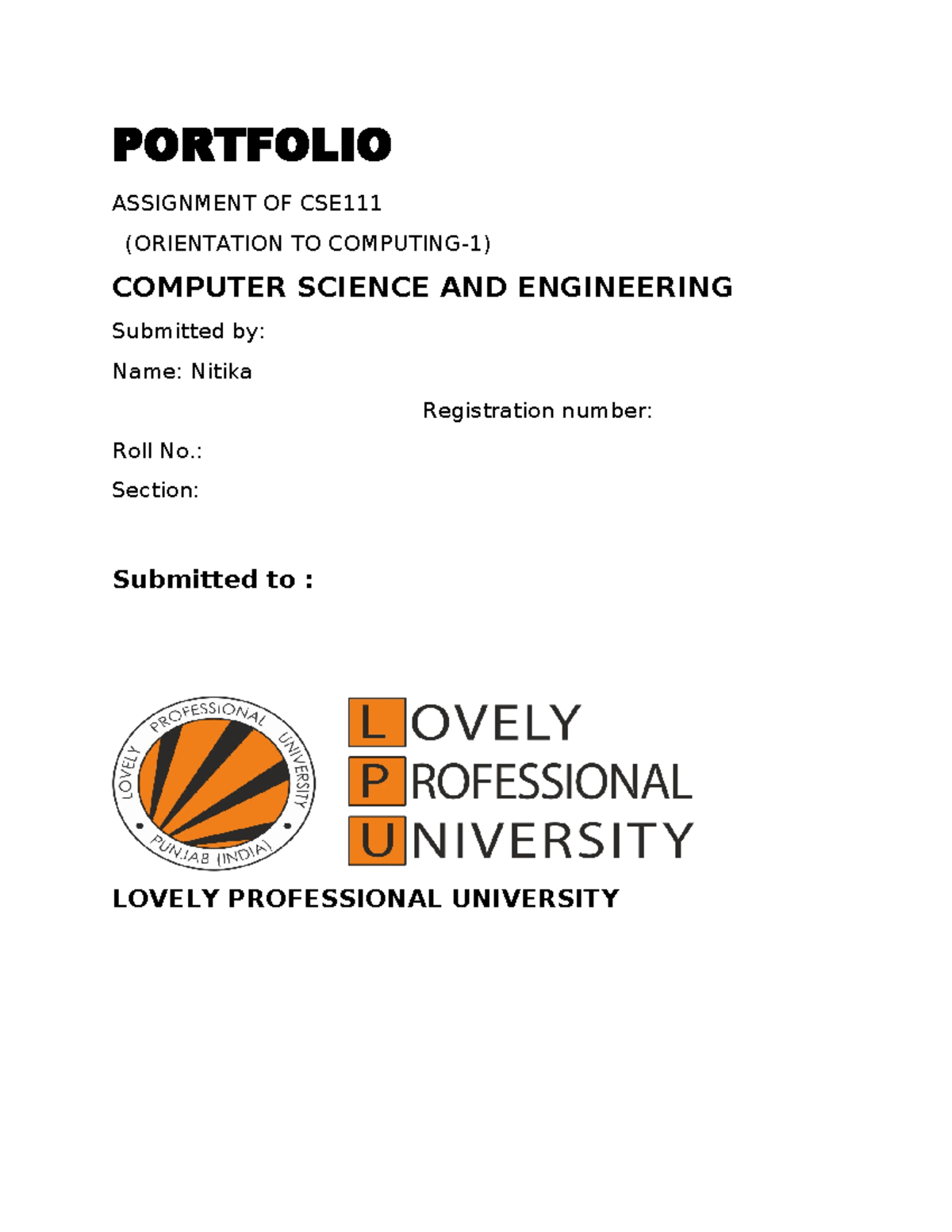 Null Portfolio Assignment Of Cse Orientation To Computing 1 Computer Science And Engineering