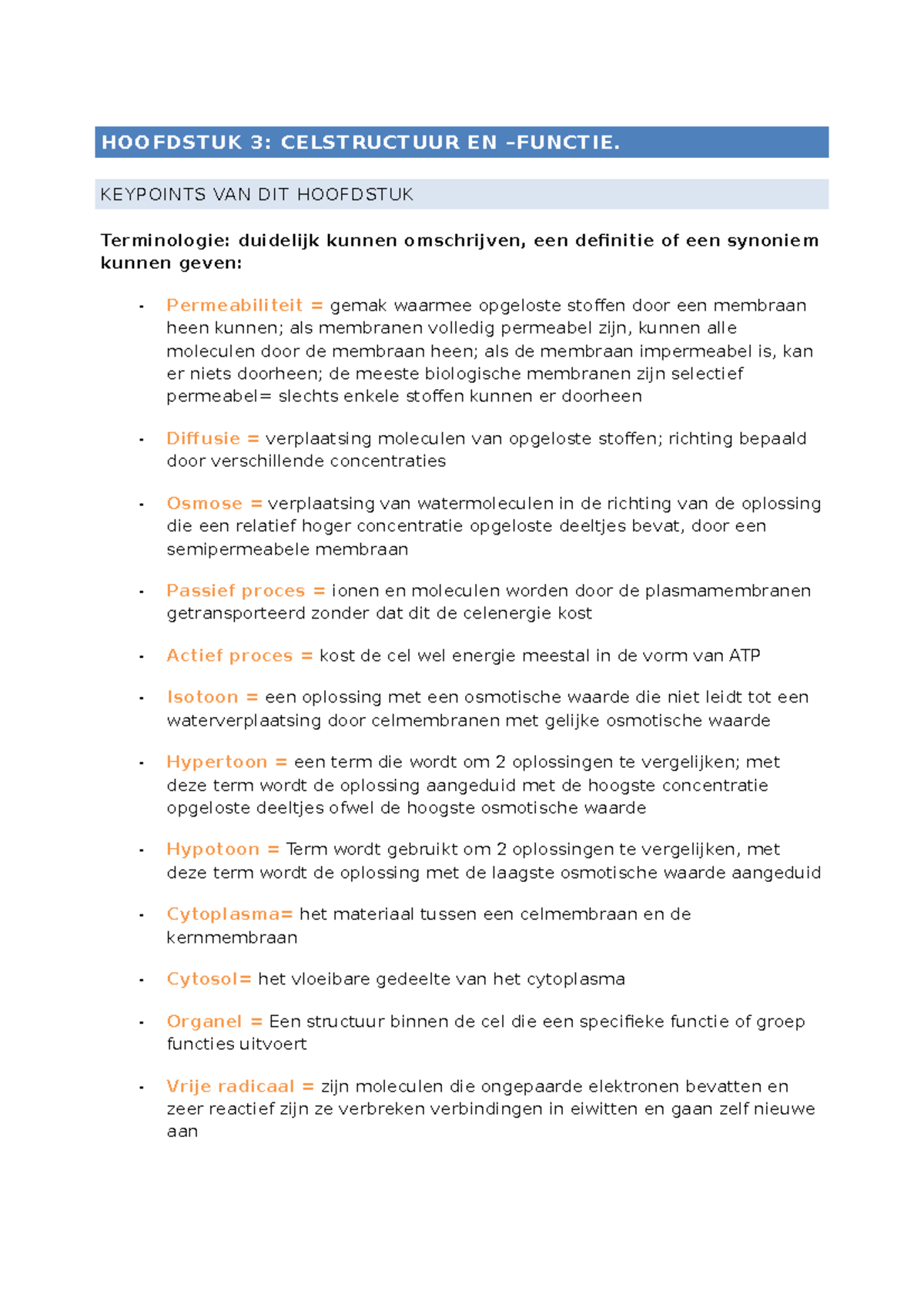 03 Key-points De celstructuur en functie - Anatomie-fysiologie 1 ...